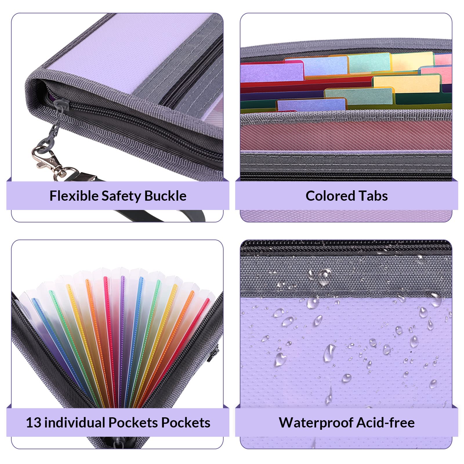 SKYDUE Small Accordion File Organizer, Receipt Coupon Organizer, Holds 9-1/2"x 4-1/2", 13 Pockets File Folder for Small Business, Zipper Closure, Purple