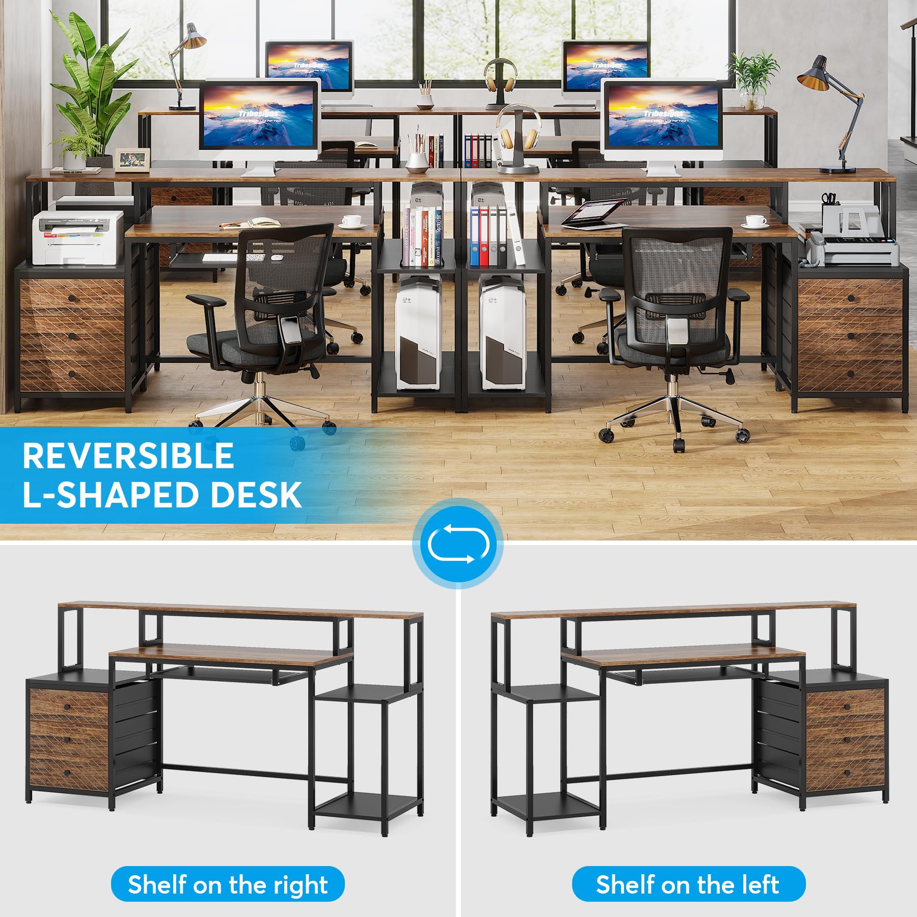Tribesigns Computer Desk with 3 Drawers, 63 inch Home Office Desk with Monitor Shelf, Industrial Reversible Long PC Gaming Desk with Keyboard Tray, Study Writing Table Workstation, Gray