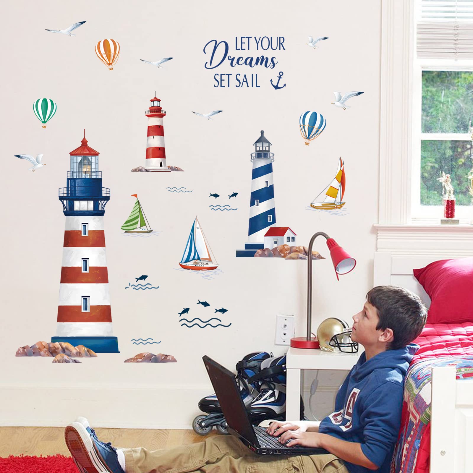 wondever Nautical Lighthouse Wall Stickers Sailboat Seagull Peel and Stick Wall Art Decals for Kids Bedroom Baby Nursery Living Room