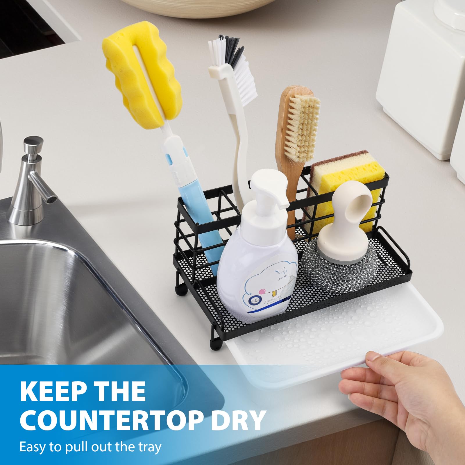 XG Glitter Sponge Holder for Kitchen Sink, Non-Slip Ktichen Sink Caddy Organizer, Bathroom Storage Organizer for Brush, Soap, Toiletries, Rustproof, Easy to Clean, Kitchen Bathroom Accessories - Black