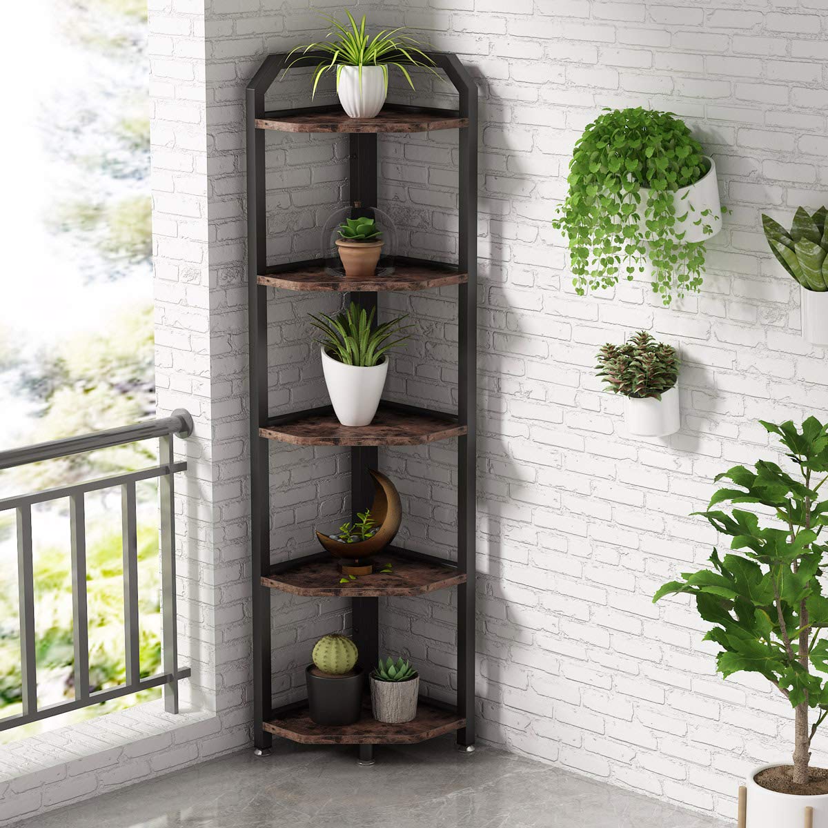 Tribesigns Corner Shelf, 5 Tier Corner Bookshelf and Bookcase Rustic Corner Storage Shelving Unit Indoor Plant Stand for Living Room, Home Office, Small Space (Brown)
