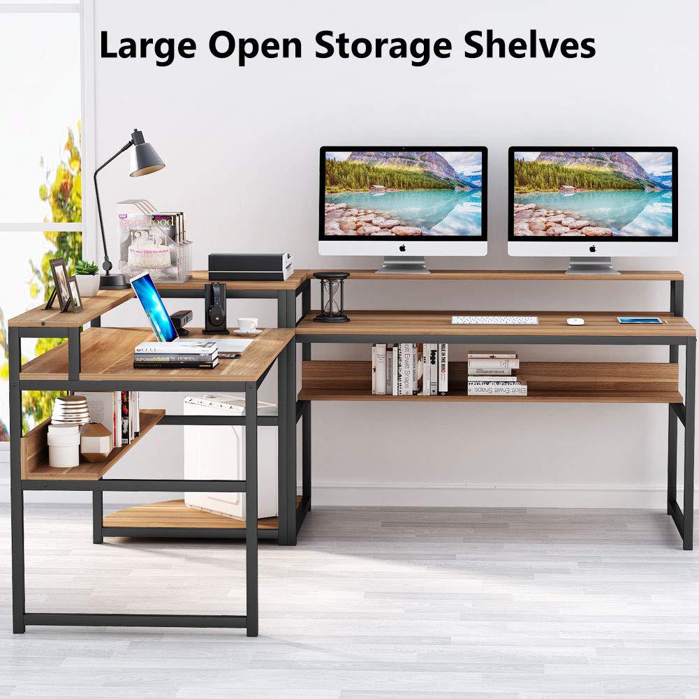 Tribesigns L-Shaped Computer Desk with Storage Shelves, Modern Large Corner Computer Desk Study Writing Workstation with Monitor Riser & 3-Tier Corner Shelf for Home Office Use (Walnut)