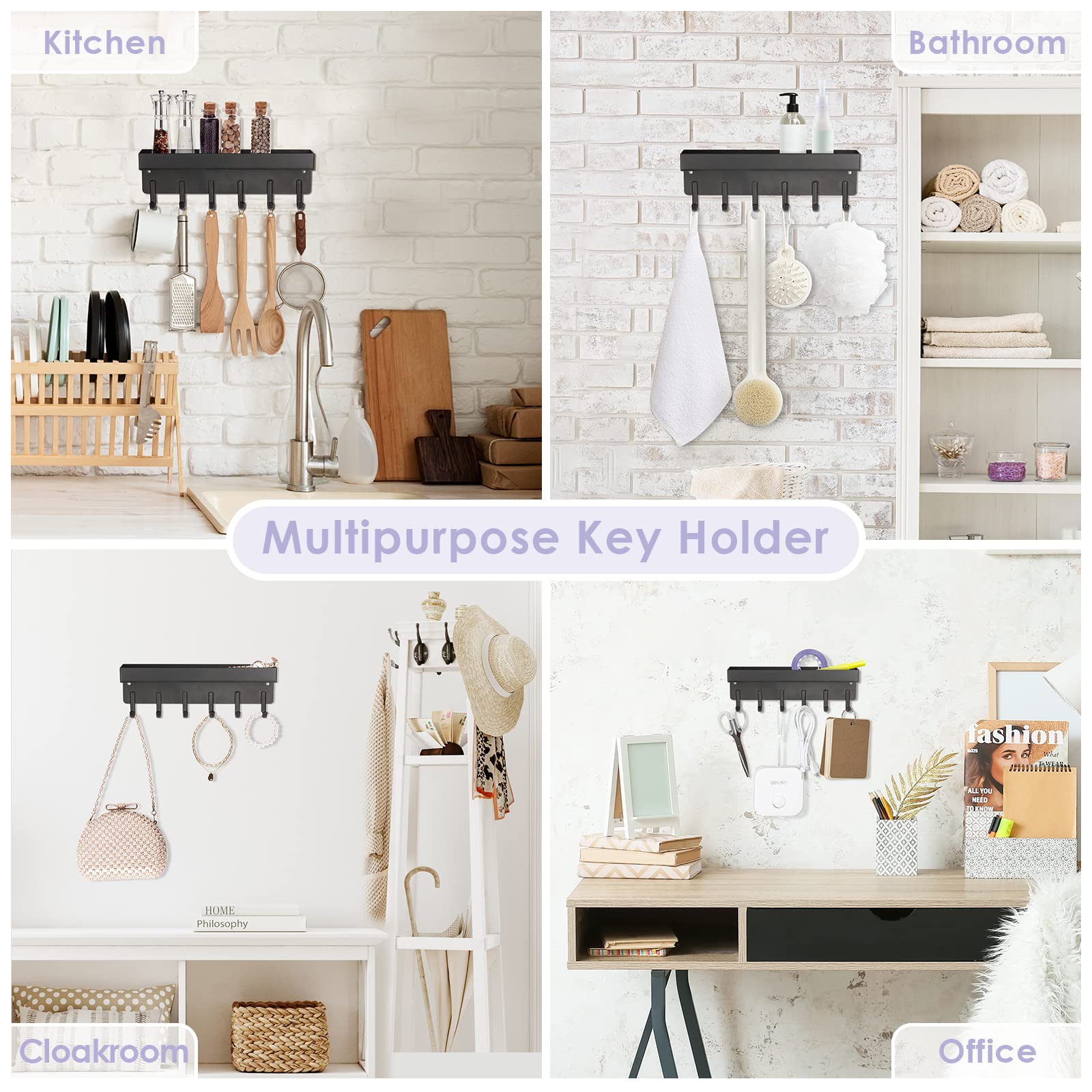 VIS'V Key Holder Wall Mount, Matte Black Stainless Steel Key Mail Holder Small Key Rack with Tray Adhesive Key Hanger Mail Storge Organizer with 6 Key Hooks for Entryway Hallway Doorway