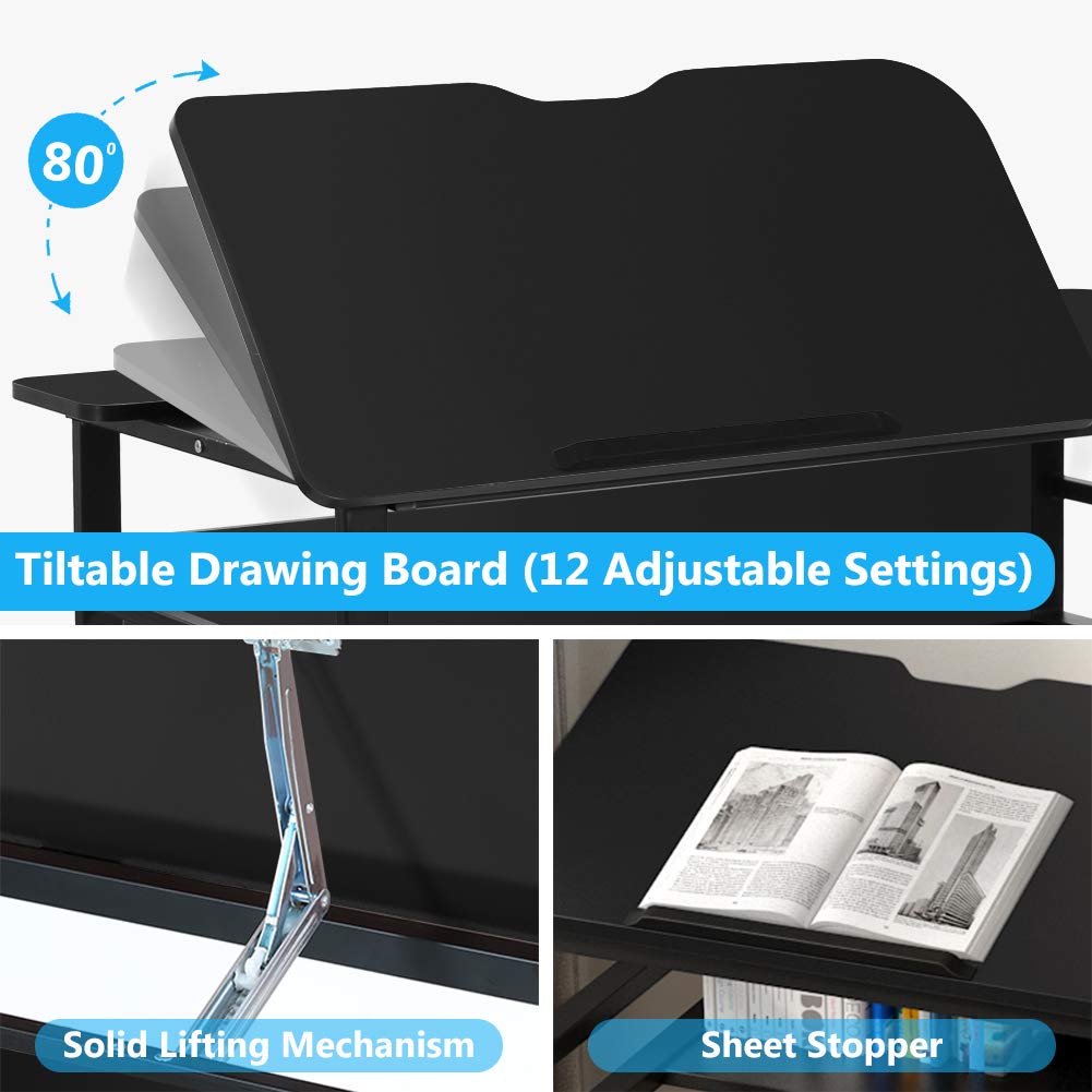 Tribesigns Modern Drafting Desk Drawing Table with Storage Shelf, 55 inch Large Computer Desk Writing Desk Craft Workstation with Tiltable Tabletop for Artist, Home Office (Black)