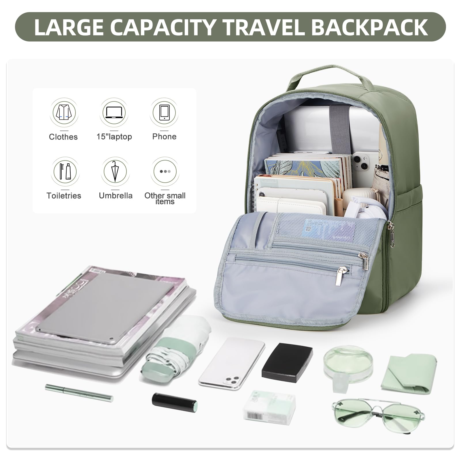 WEPLAN 17x10x9 United Airlines Personal Item Bag, Underseat Carry on Backpack, Waterproof Cabin Luggage Bag, Travel Essentials, Green