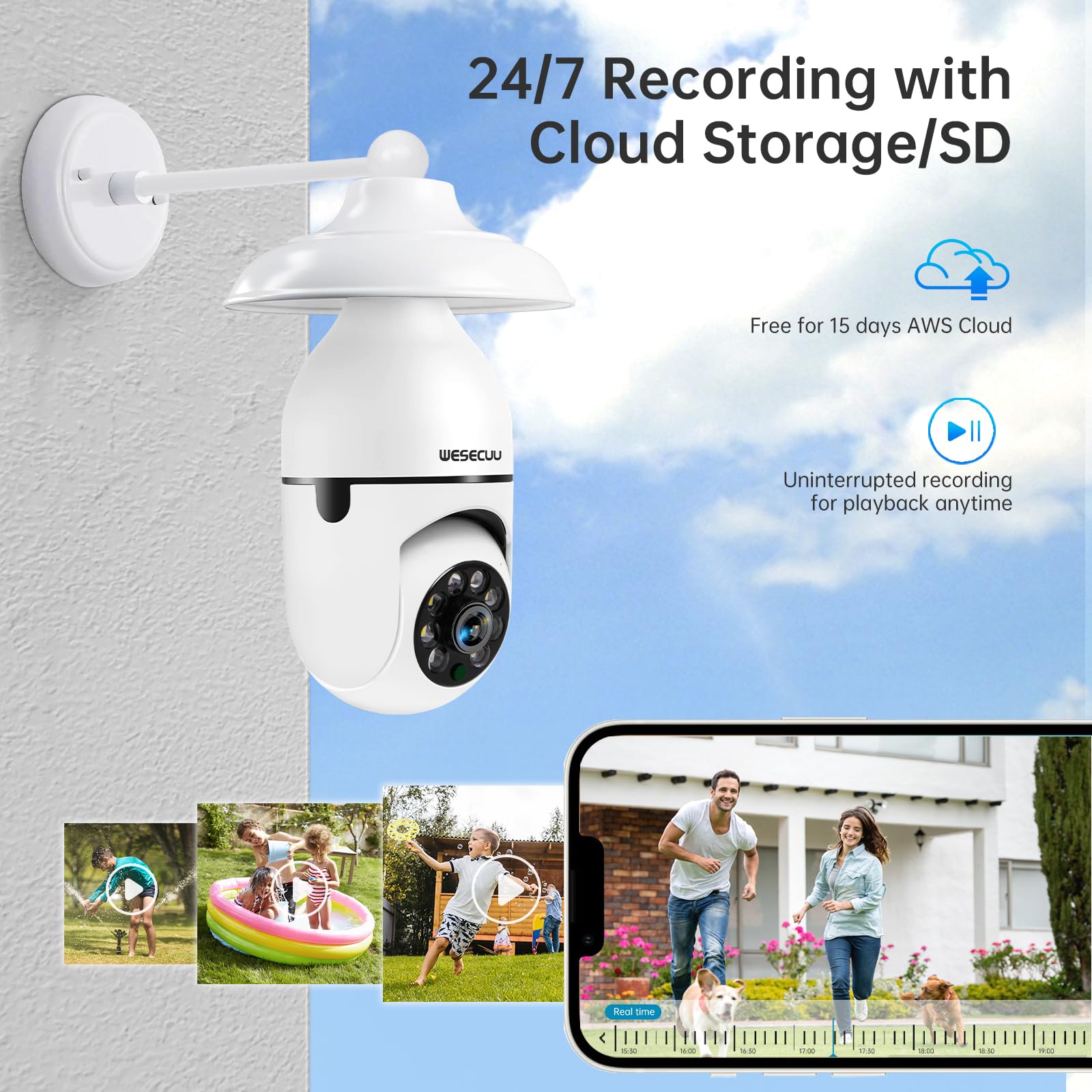 WESECUU Light Bulb Security Camera -5G& 2.4GHz WiFi 2K Security Cameras Wireless Outdoor Motion Detection and Alarm,Two-Way Talk,Color Night Vision,Human Detection, Bulb Camera Compatible with Alexa