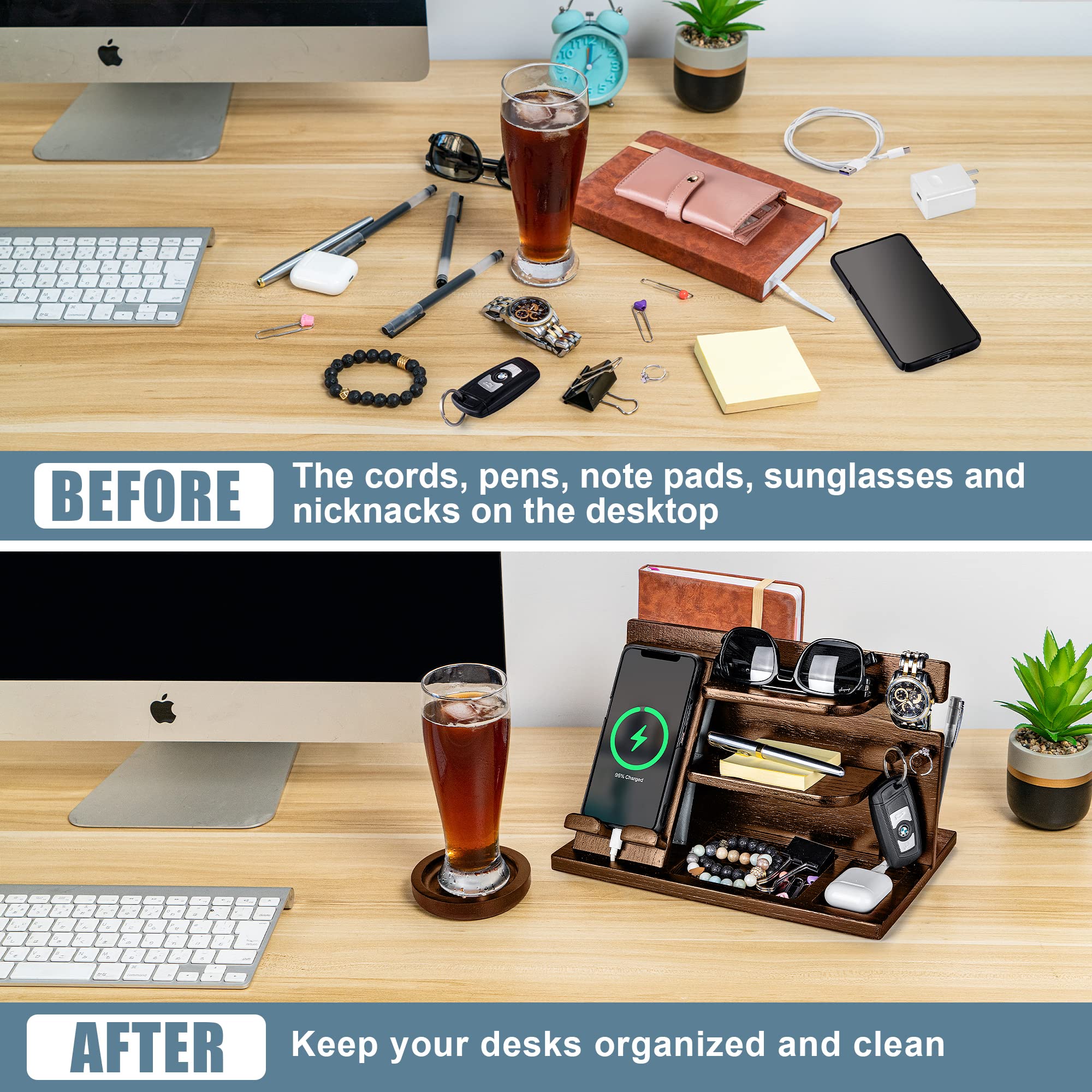 Wooden Docking Station with Laptop Compartment & Coaster! Ash Wood Tray, Bedside Caddy Nightstand Organizer, Entryway Organizer Key Tray, Desk Organizer Valet Tray for Men & Women (Brown, No Drawer)