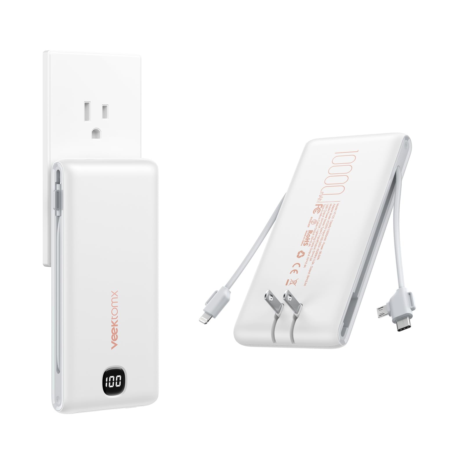 VEEKTOMX Power Bank with Built in Cables 22.5W 10000mAh, Portable Charger for iPhone with AC Wall Plug, Fast Charging USB C Slim iPhone Charger with LED Display Compatible with iPhone15/14/13, Samsung