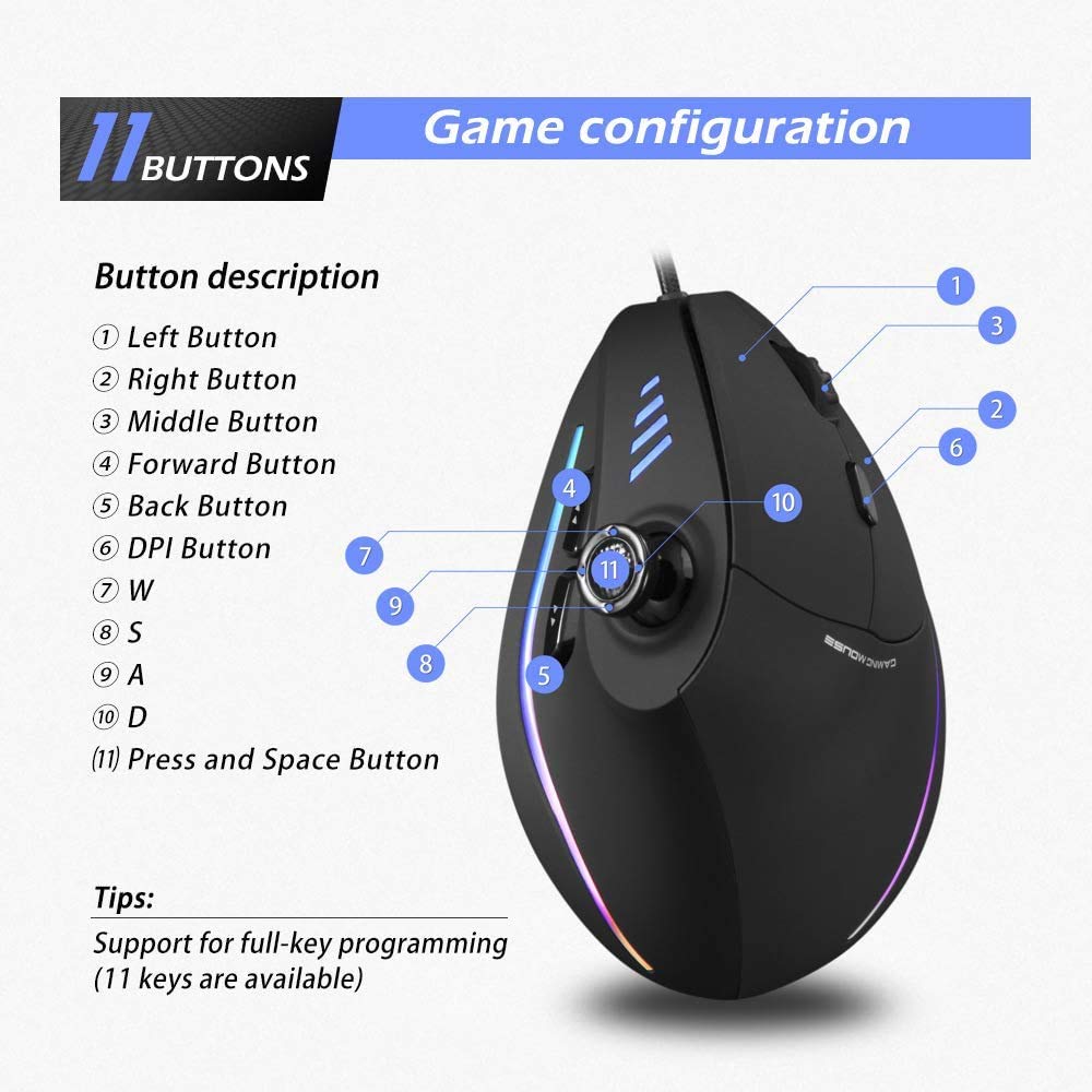 Vertical Mouse Wired Mouse Ergonomic RBG Gaming Upright Optical Mice with 11 Programmable Buttons 5-Way Rocker 10000 Max DPI Gaming Mouse for Gamer/PC/Laptop/Computer