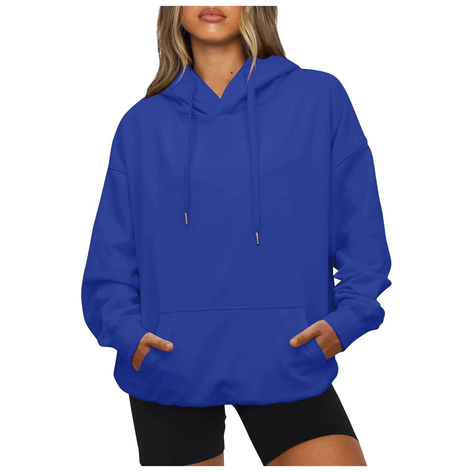 slqdgmryz Womens Hoodies Fleece Drop Shoulder Pullover Drawstring Oversized Hooded Long Sleeve SweatShirts Shirts Solid Color Casual Tops Fall Fashion Outfits Blue