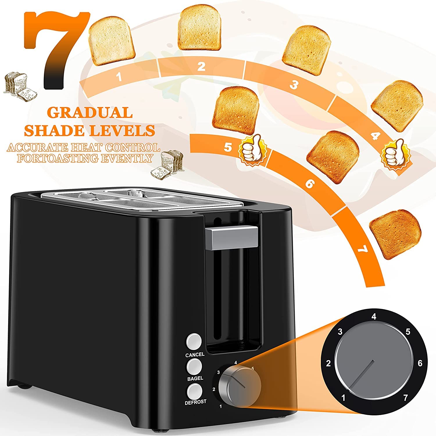 Toaster 2 Slice - Black Best Rated Prime Wide Slot Toasters the for Bagel Bread Waffle Two with 7 Shade Settings & Removable Crumb Tray