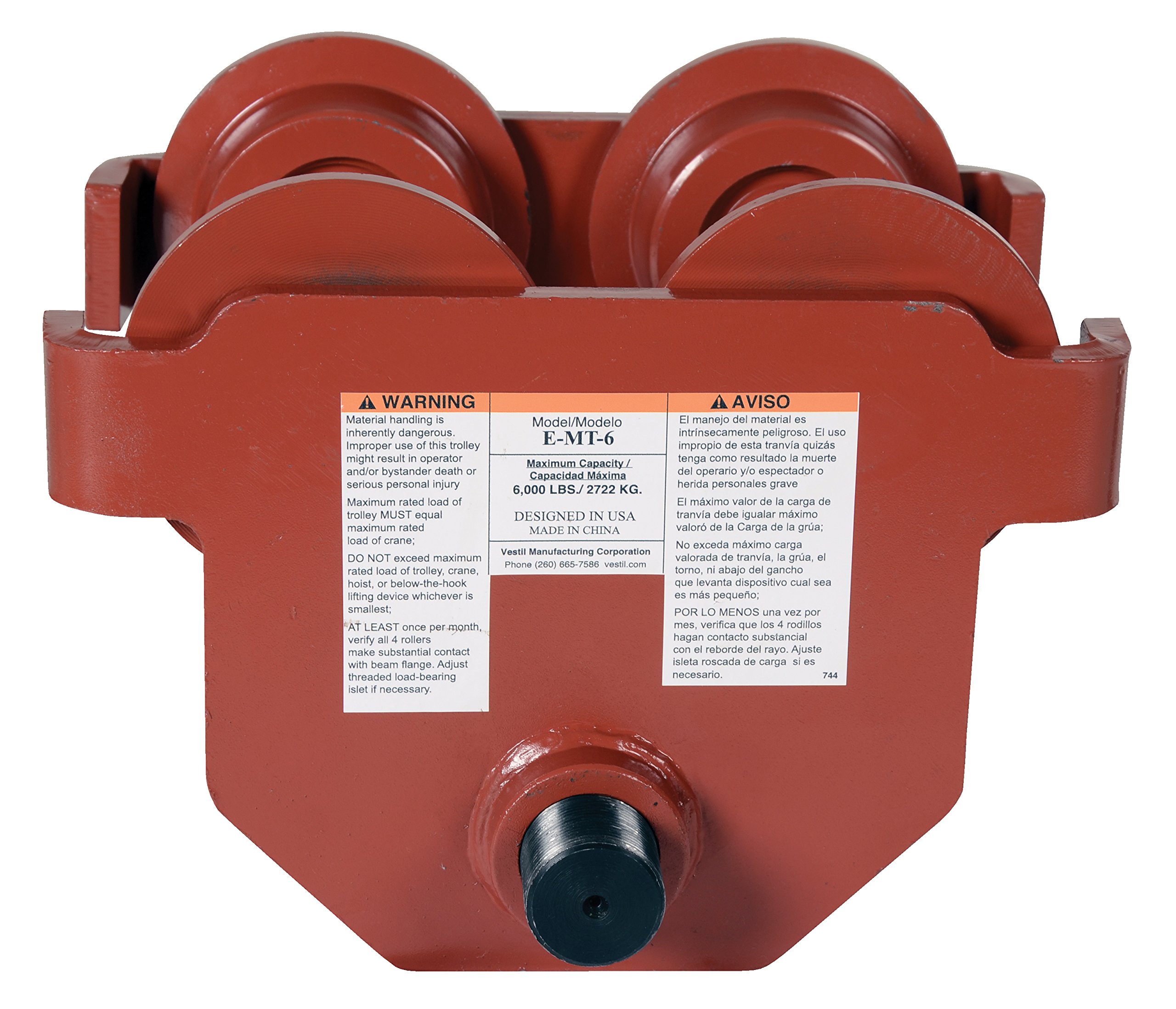 Vestil E-MT-6 Steel Low Profile Eye Manual Push Trolley, 6000 lbs Capacity, 3"- 8-5/8" I-Beam Flange, 3-3/8" Headroom