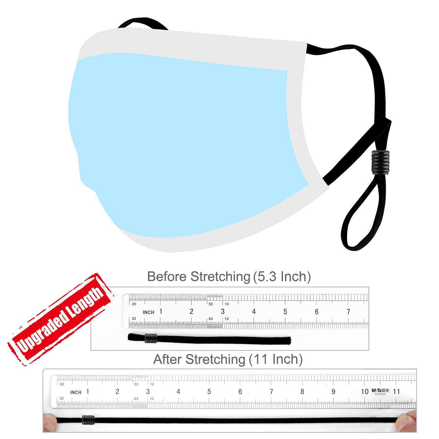 TOOVREN Upgraded 100PCS Elastic Cord String for Masks with Adjustable Buckle Lock Soft Elastic Band for Sewing Stretchy Strap with Adjuster Stoppers Clip Earmuff Earloops for Adult Kids Black