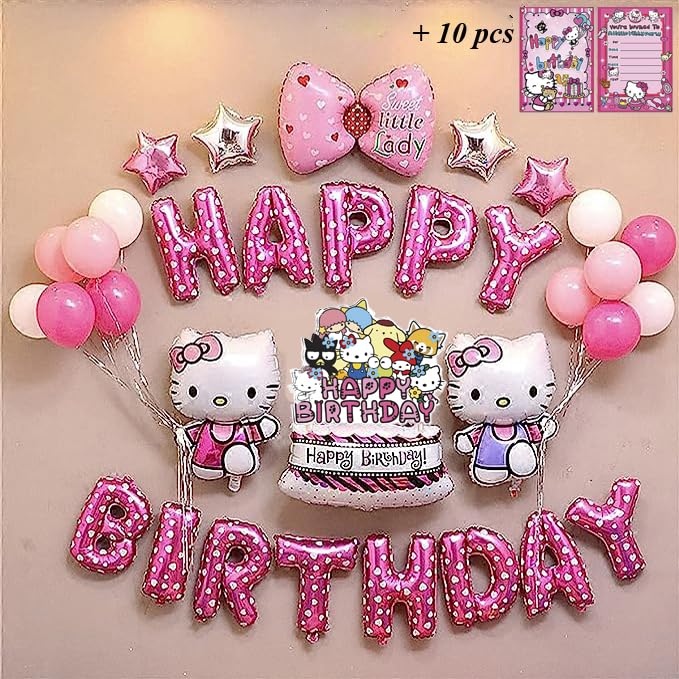VNSPORT 24 Pc Hello, Kitty Happy Birthday Banner – Fun Set Party Supplies Decoration – Colorful party deco for Girls and Toddlers - Gift 10 pc Kitty Cat Invitation Birthday Cards