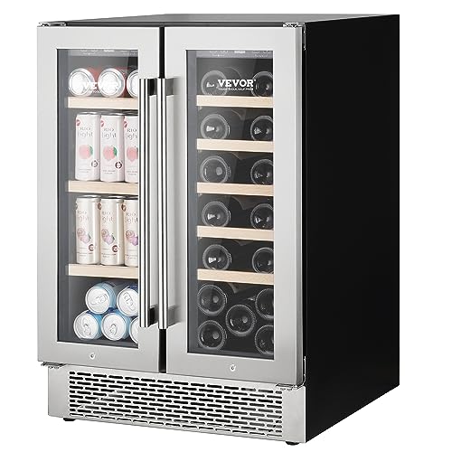 VEVOR Cooler Dual-Zone Beverage Refrigerator Built-in or Freestanding Wine Fridge & Blue LED Light, Tempered Glass Doors, Child Lock for Drink Soda, 81 Cans and 20 Bottles, Black, Silver