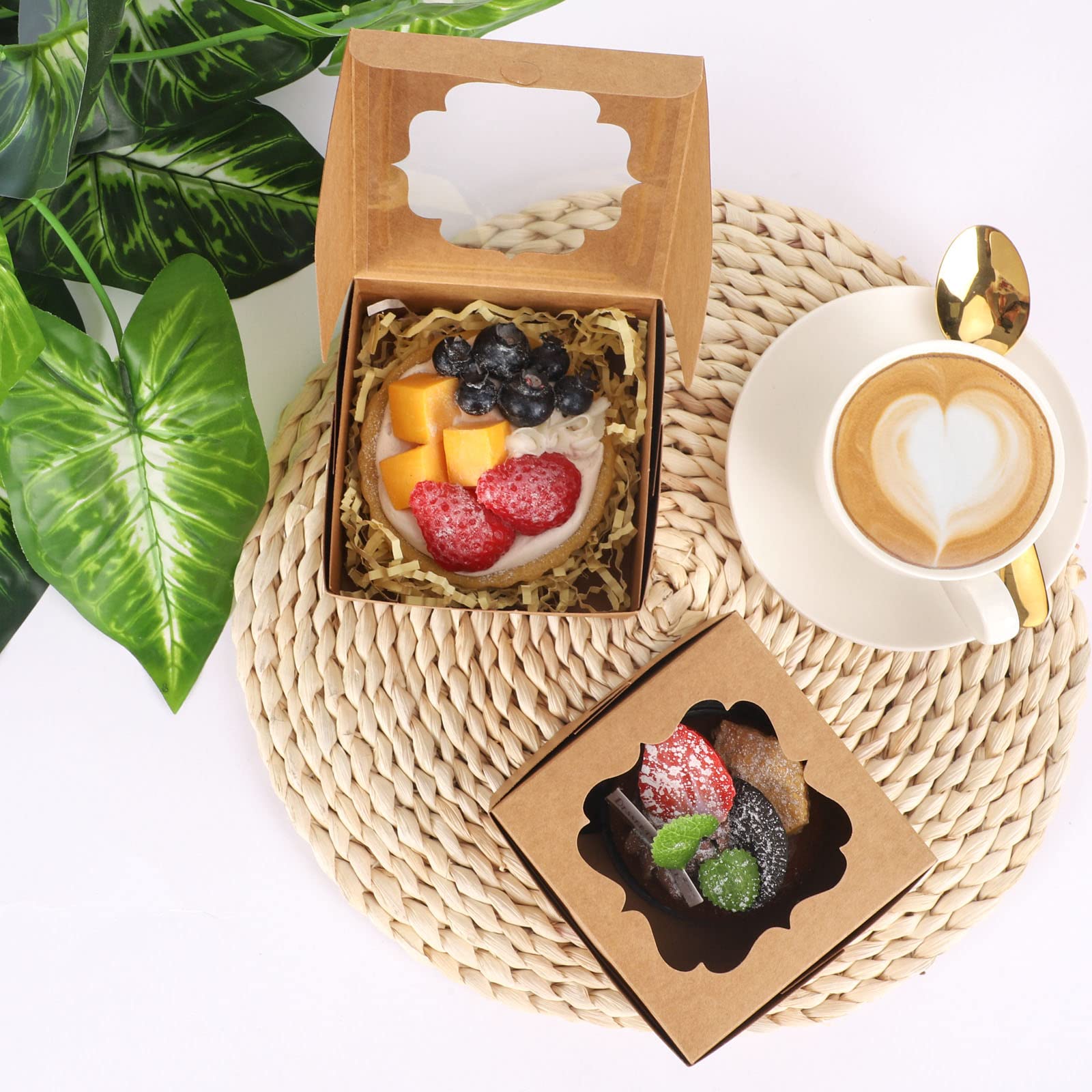 TOMNK 60pcs 4 Inches Brown Bakery Boxes Small Cookie Boxes Kraft Baking Boxes with 2 Style Windows for Strawberries Chocolate Dessert Treat Candy Donuts Mini Cake and Party Favor 4x4x2.5 Inches