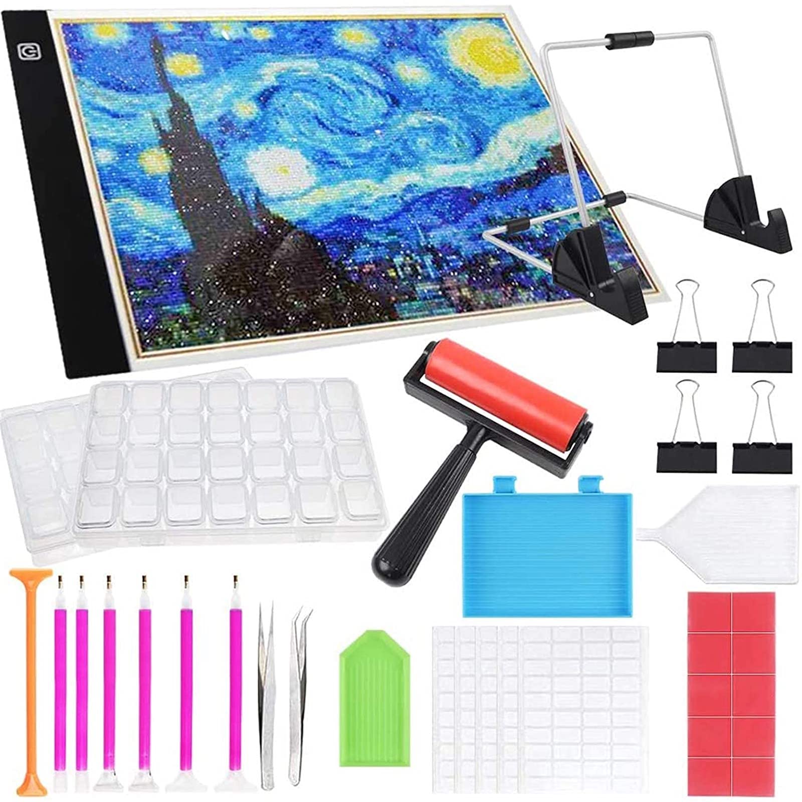 SGHUO Diamond Painting A4 LED Light Box and Tools Set, with A4 LED Light Pad, Stand Holder, Clips, Diamond Painting Roller, Diamond Painting Boxes and Diamond Painting Tools, 37pcs