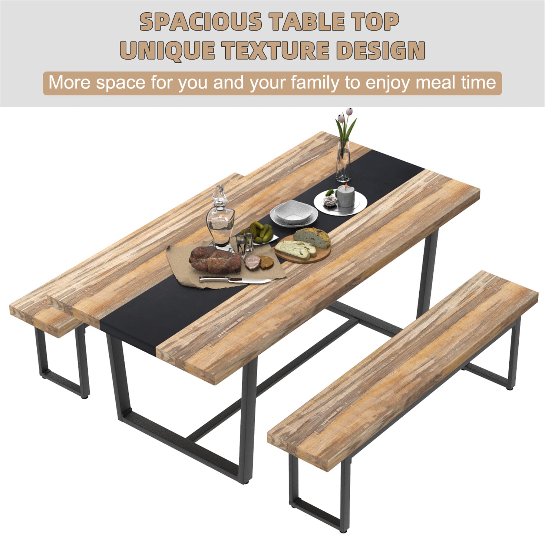 STHOUYN 71β 6ft Dinner Table Set for 6 8 12 Seat Dining Room Table with Bench, Rectangular Farmhouse Modern Kitchen Long Table, Black & Brown Industrial Dining Conference Table (3 Piece 71")