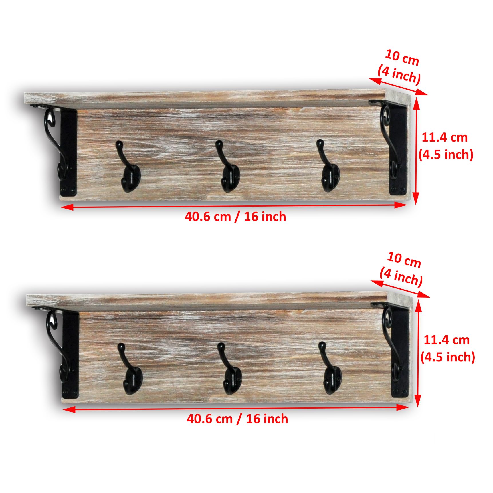 Spiretro Coat Hook Rack with Shelf, Wall Floating Shelves with Leash Key Holder, Hat Bag Organize, Storage, Decorative for Entryway, Hallway, Bedroom, Set of 2, Rustic Wood White