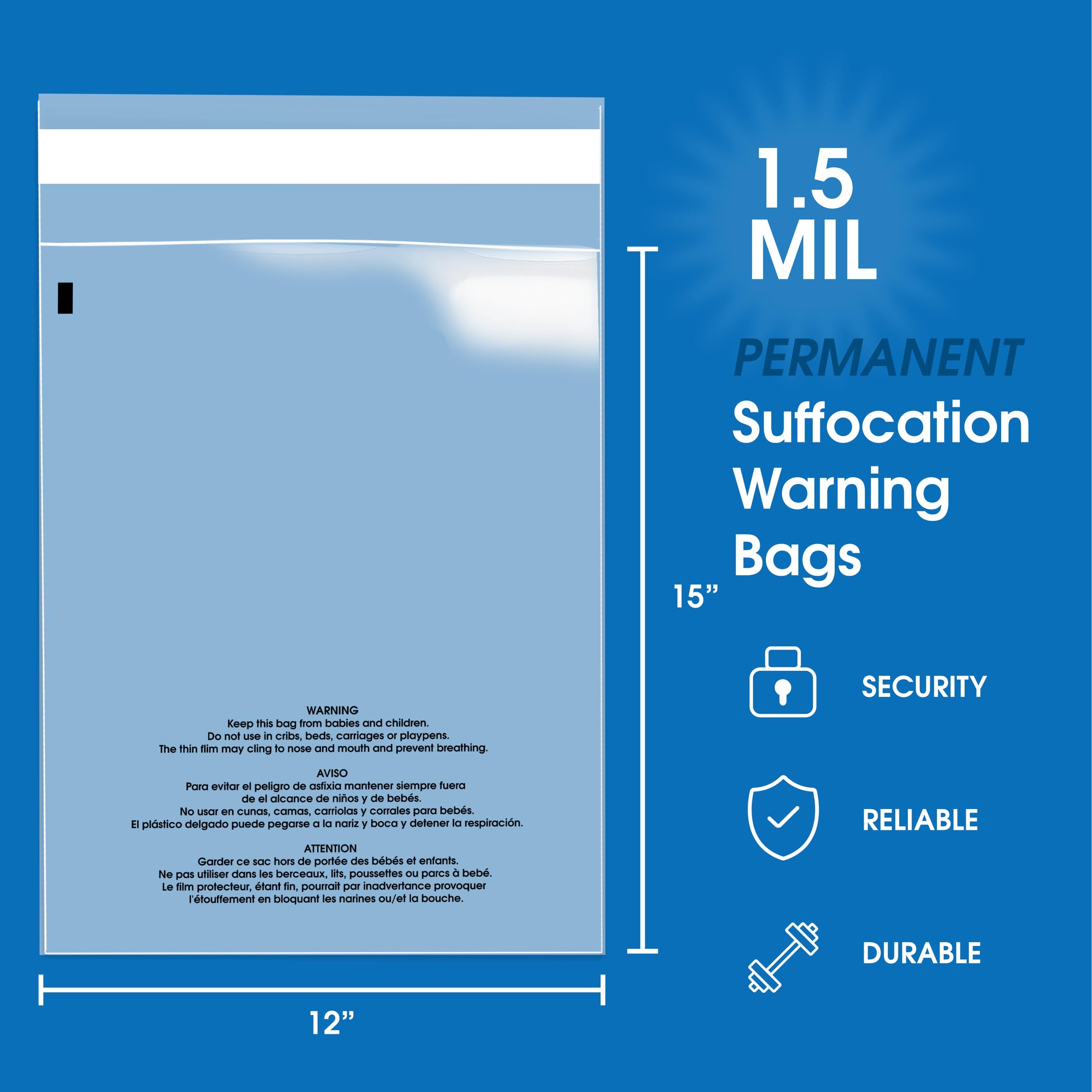 Spartan Industrial - 12" X 15" (500 Count) Self Seal Clear Poly Bags with Suffocation Warning for Packaging, Clothes & FBA - Permanent Adhesive