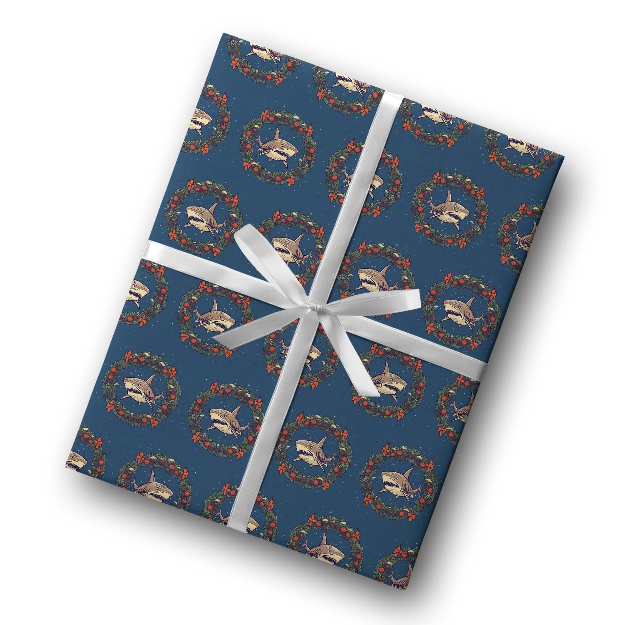 Shark Wreath Christmas Wrapping Paper, Christmas Holiday Gift Wrap, Ocean Animal Theme Party Decor (20 inch x 30 inch sheet)