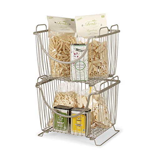 Spectrum Diversified Ashley Stackable Wire Basket with Raised Feet and Looped Handles Modular Stacking Bin System for Kitchen Countertop & Desk Organization, Large, Satin Nickel