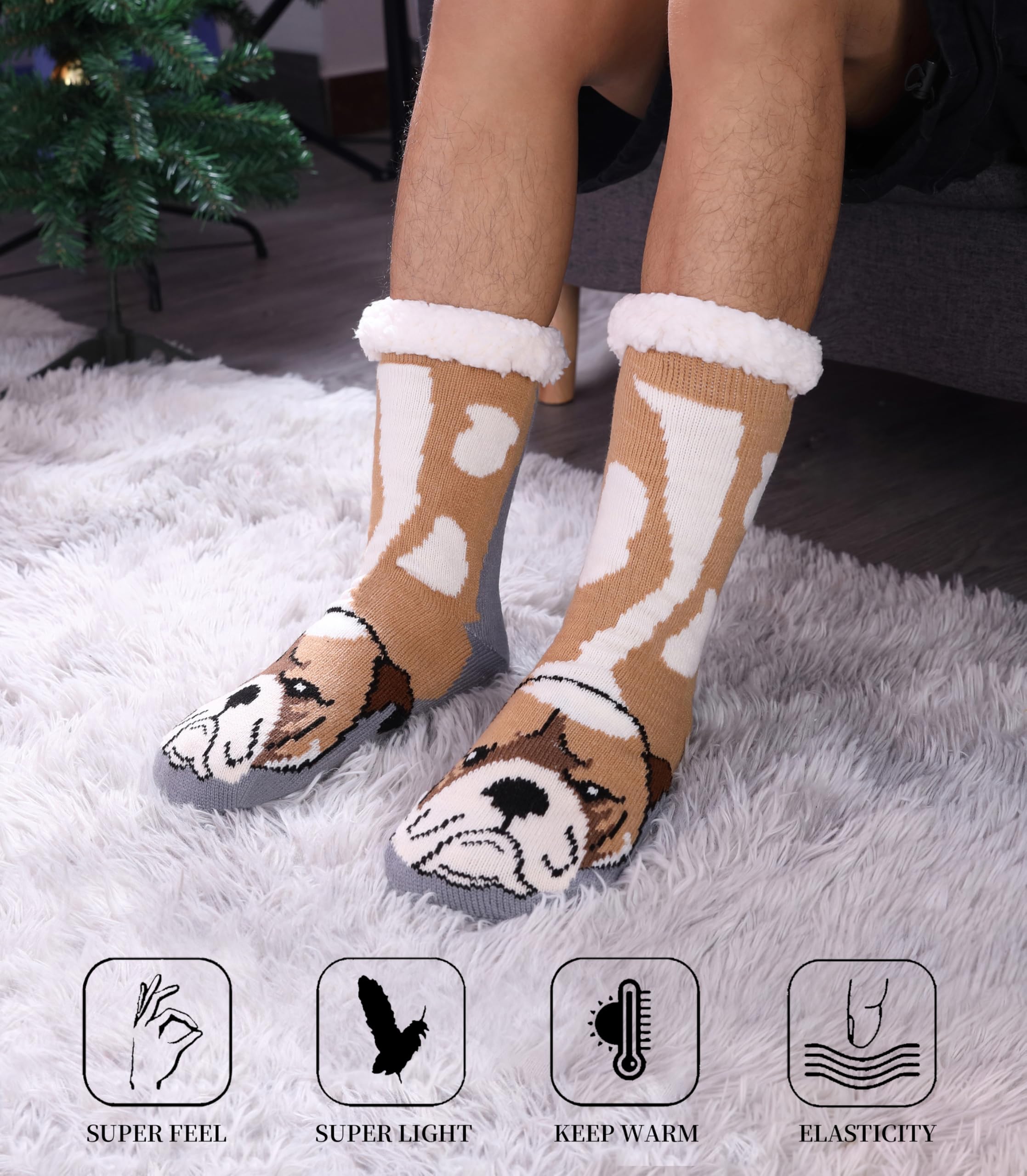 SDBING Mens Slipper Socks with Grippers Winter Warm Fuzzy Cozy Indoor Non Slip Socks with Grips (Black, 6-9)