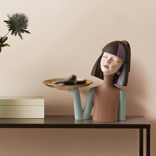 XINGYUANHE Girl Tray Storage Resin Statue Snacks Storage Plate Living Room Desktop Decoration