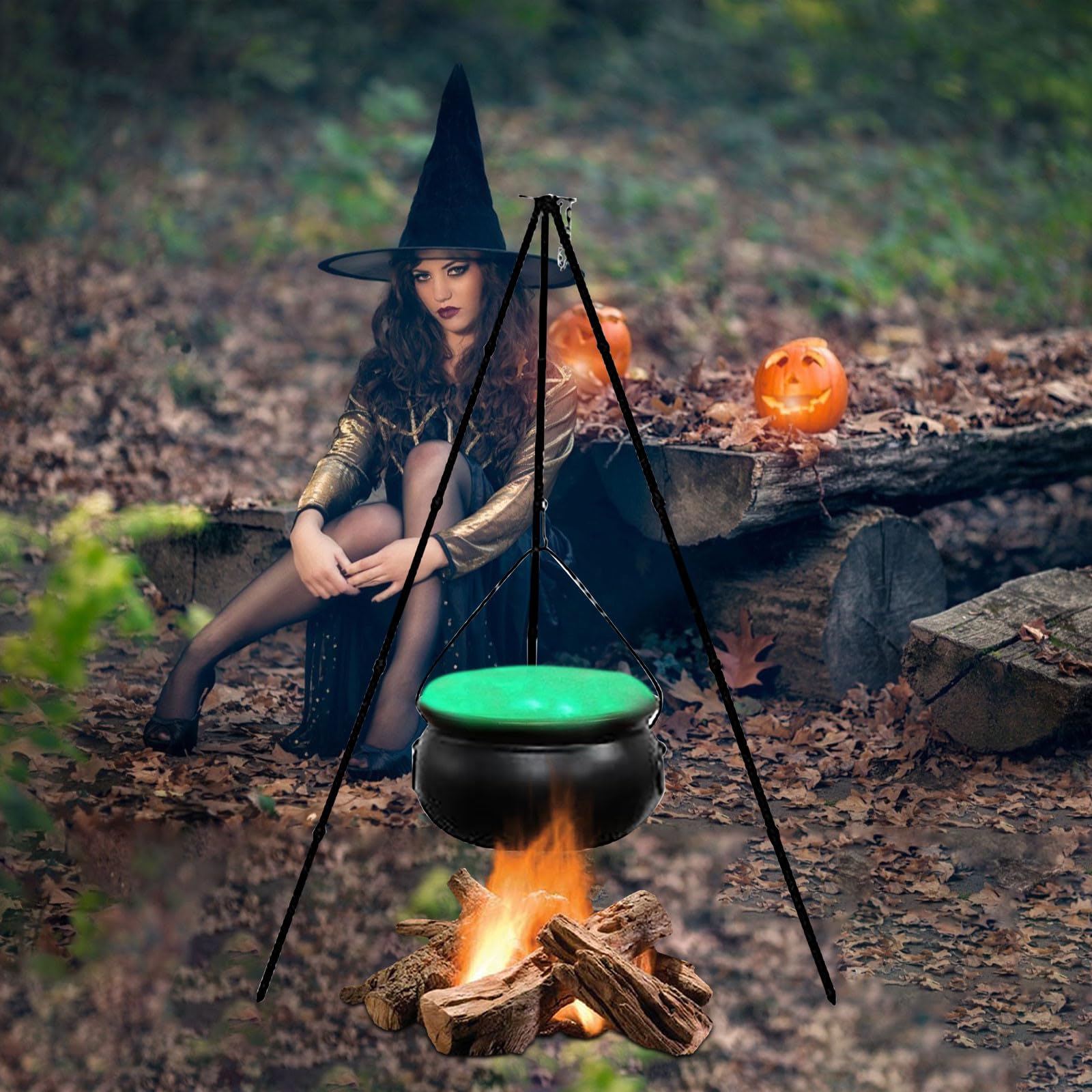 Witches Cauldron, Large Halloween Cauldron Decor On Tripod with Timer Green Lights, Plastic Giant Witch Cauldron Halloween Decorations for Outdoor Porch Yard Lawn Outside (L, Black)