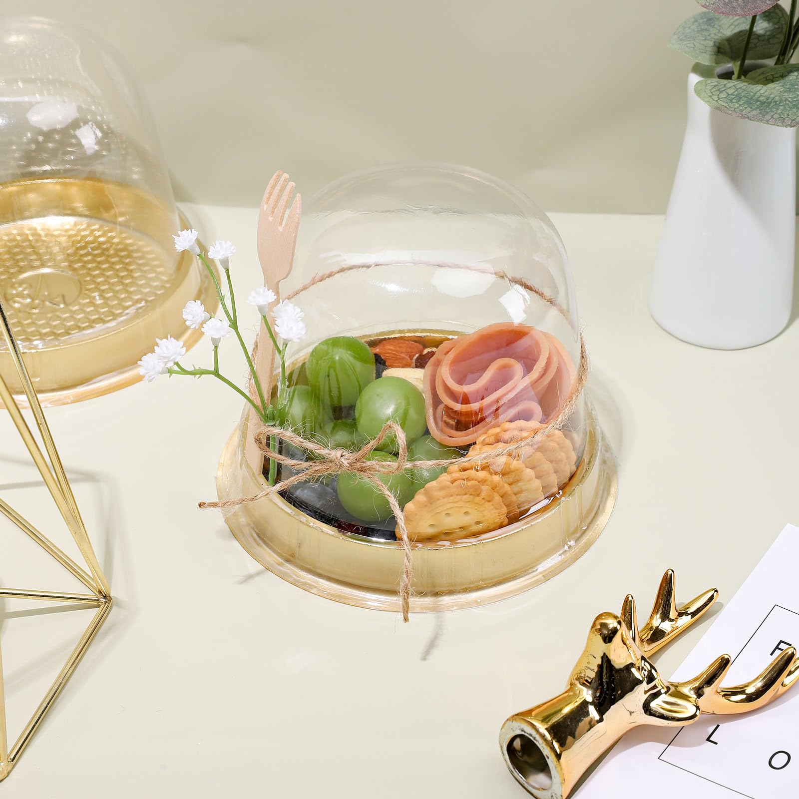 Whaline 50 Sets Disposable Individual Charcuterie Cup Set Clear Plastic Cupcake Container with Mini Wooden Spork Rope for Dessert Display Charcuterie Grazing Table Catered Event Wedding
