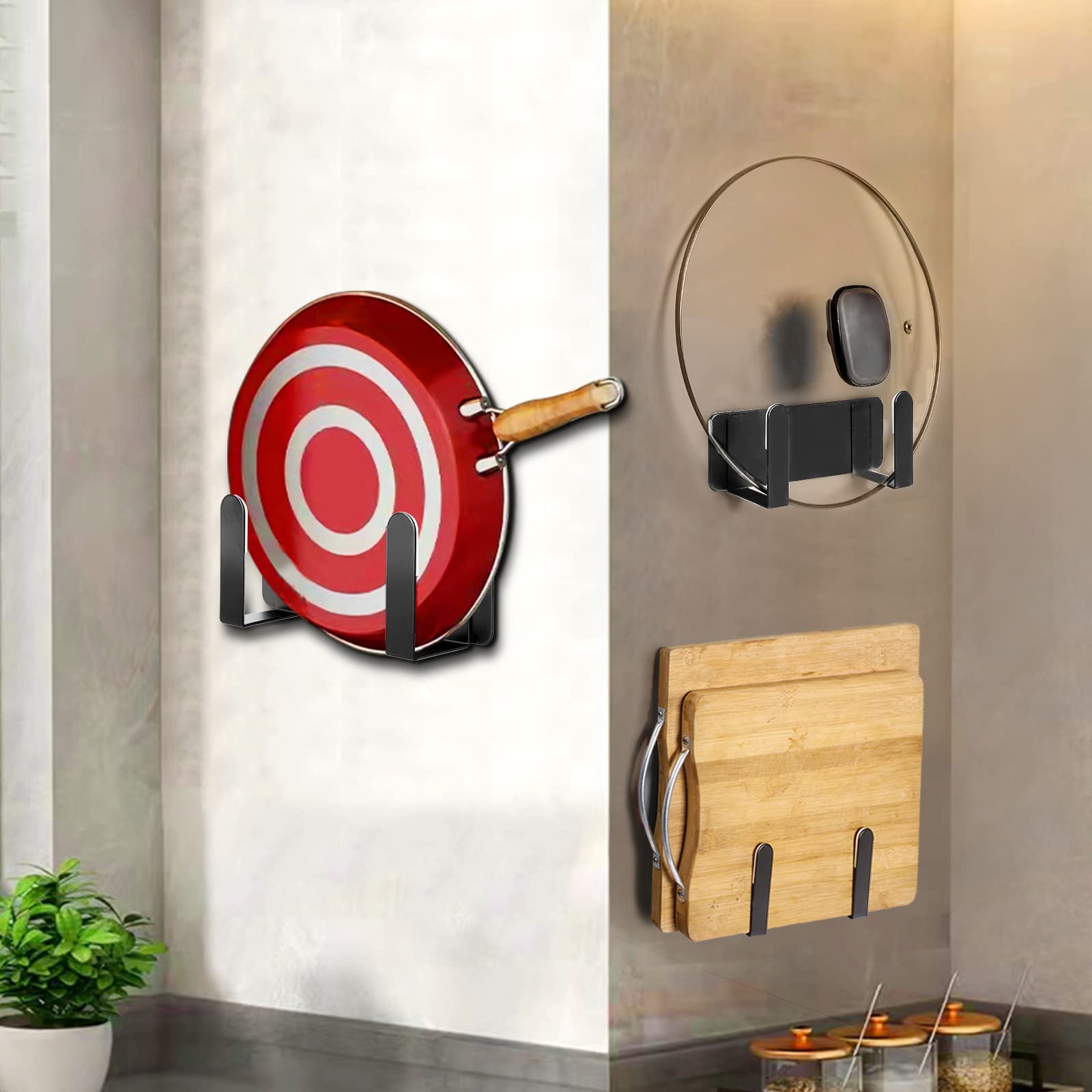 YOUGRIDDA Pot Lid Rack, Wall Mounted 304 Stainless Steel Pan Lid Organizer Holder, 3M Self Adhesive, Kitchen Cooking Utensil Tool (Black)