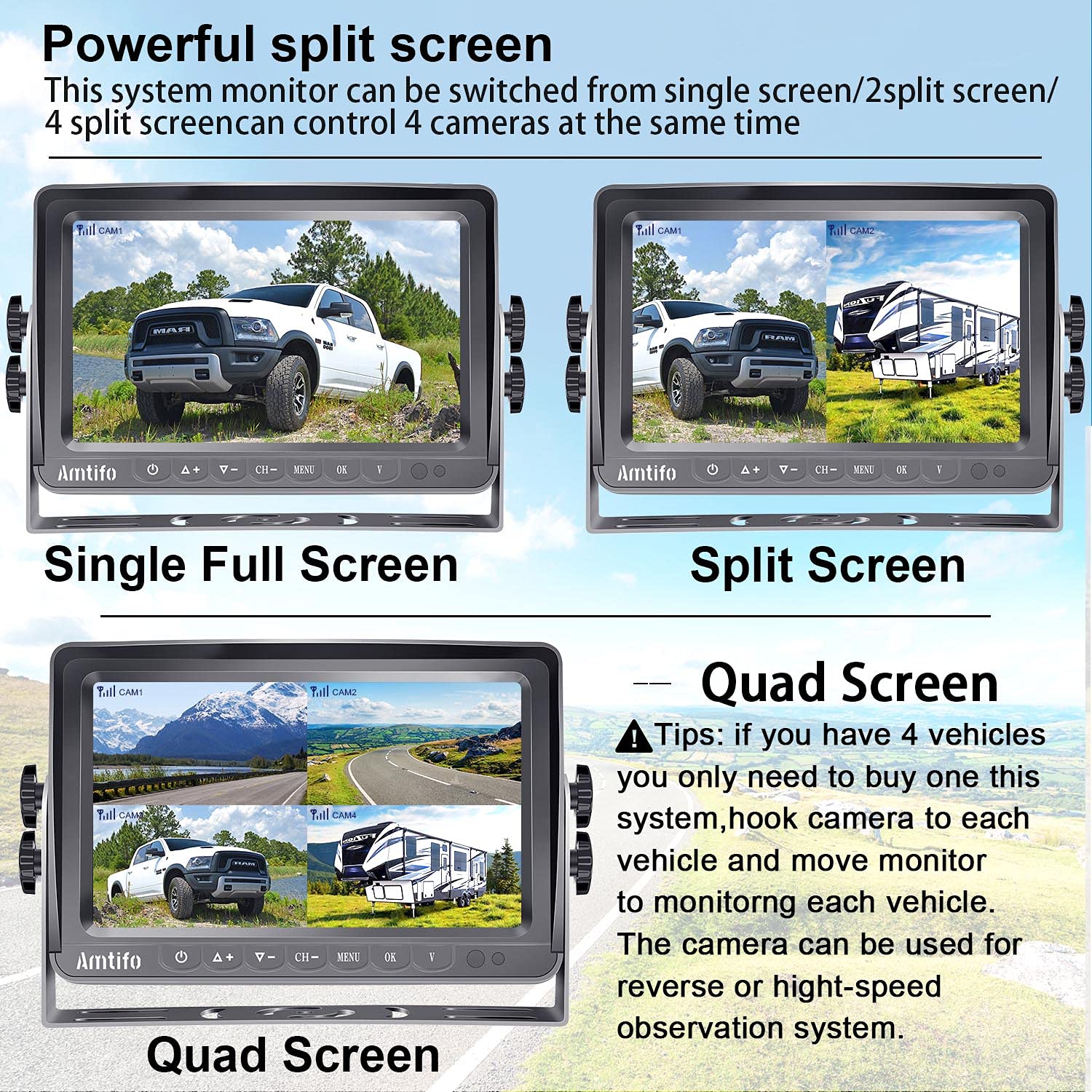 Wireless Backup Camera for RV AMTIFO HD 1080P Wireless 4 Rear View Cameras with 7'' Monitor for RVs/Trailers/5th Wheels/Motorhomes,Digital Signal,150° Wide Angle,IR Night Vision - A4