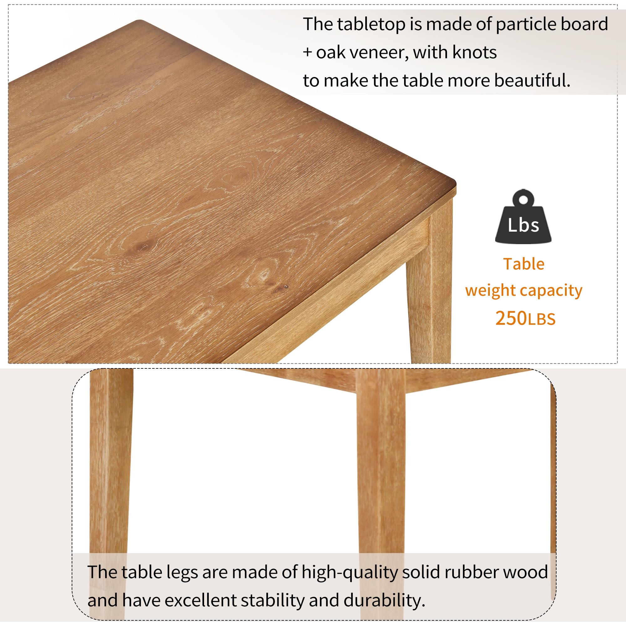 SIYSNKSI 5-Piece Farmhouse Kitchen Dining Table Set, Wooden Rectangular Dining Table with 4 Upholstered Chairs, Kitchen Furniture Set for Dining Room (Natural Wood 077)