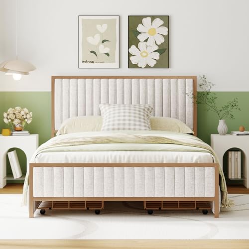 SIYSNKSI Full Size Metal Frame Upholstered Bed with 4 Drawers, Linen Fabric Platform Bed with Metal Slats Support and Headboard, Storage Platform Bed for Kids Teens Bedroom (Beige + Linen-C14)