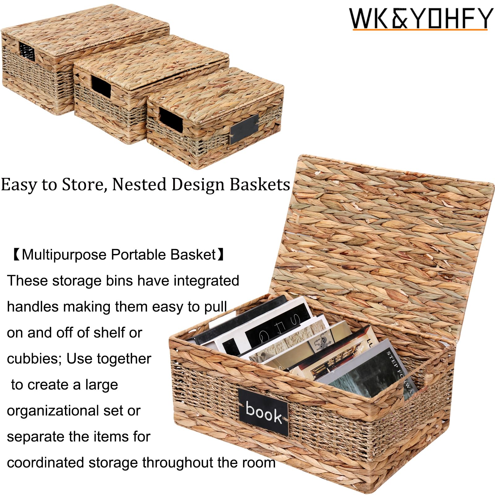WK&YOHFY Storage Baskets Hand-Woven Rectangular Seagrass Cube Storage Bins for Bedroom, Living Room, Nursery Room-Storage Cubes with Lids&Letter Boards,Set of 3 Pcs(Nested)