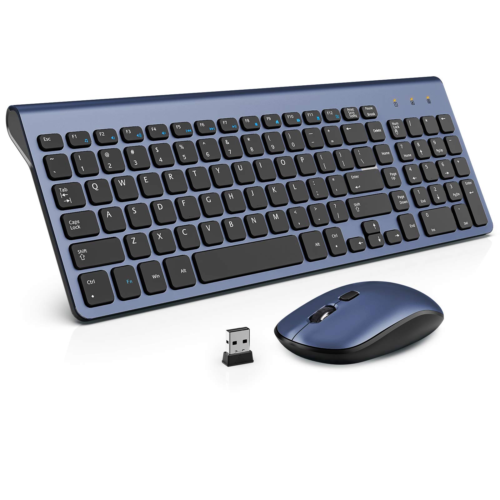 Wireless Keyboard and Mouse Combo, Energy Saving, Silent Slim Quick 2.4GHz Cordless USB Keyboard Mouse Set with Number Pad Independent On/Off Switch for PC Laptop Windows Mac (Black and Blue)