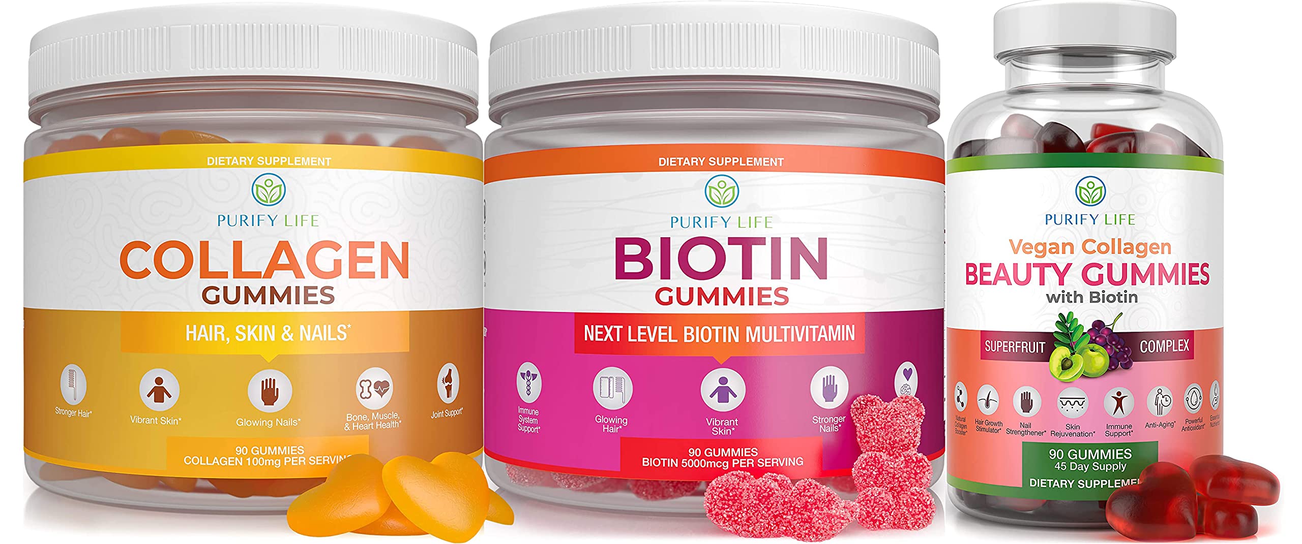 Purify Life Marine Collagen, Biotin, & Vegan Collagen Bundle, Gummies for Hair Skin and Nails (Bulk - 90 Chews), Joint Care Vitamin, Immune Support, Beauty, Detox & Cleanse, Replace Capsules, Pills