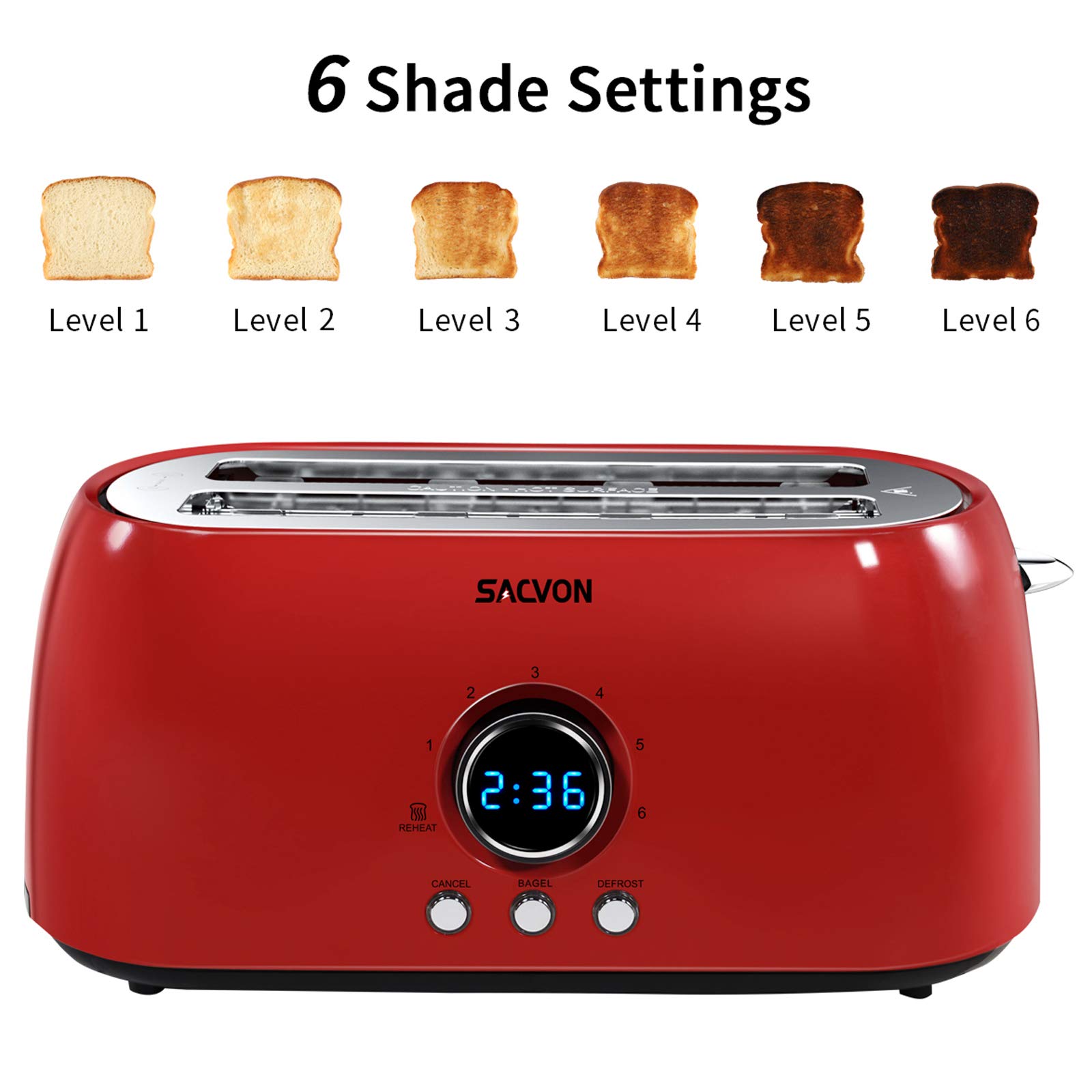 Toaster 4 Slice Long Slot, SACVON Stainless Steel Retro Toasters with Big Timer, Removable Crumbs Tray, Red (Red)