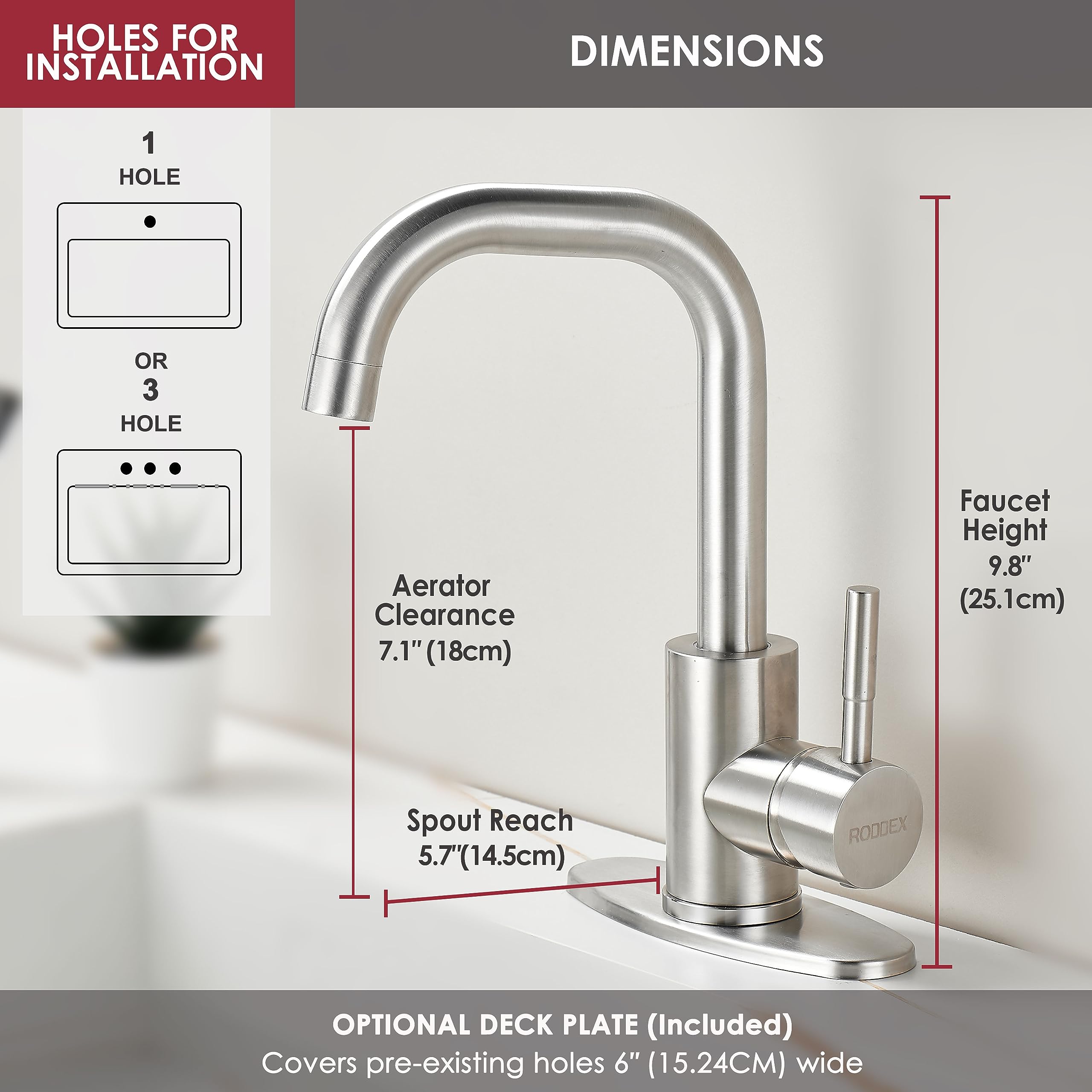 RODDEX Square Bar Sink Faucet, Single Handle Bar Mixer with 3 Hole Deck Plate, Utility Stainless Steel Cheese Faucets for rv Camper Laundry Outdoor Farmhouse Kitchen Sink (Brushed Nickel, Small)