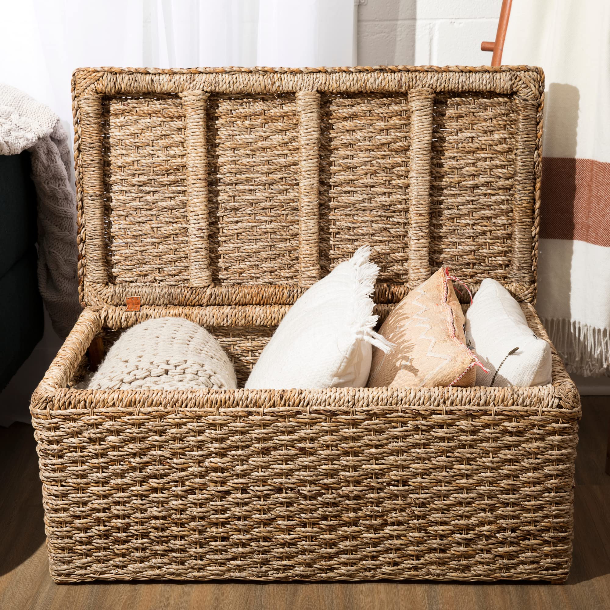 Wholestory Collective Handwoven Wicker 35" Banana Leaf Rattan Storage Trunk and Chest Seagrass XL Organizers with Lid, Natural Color with Handles