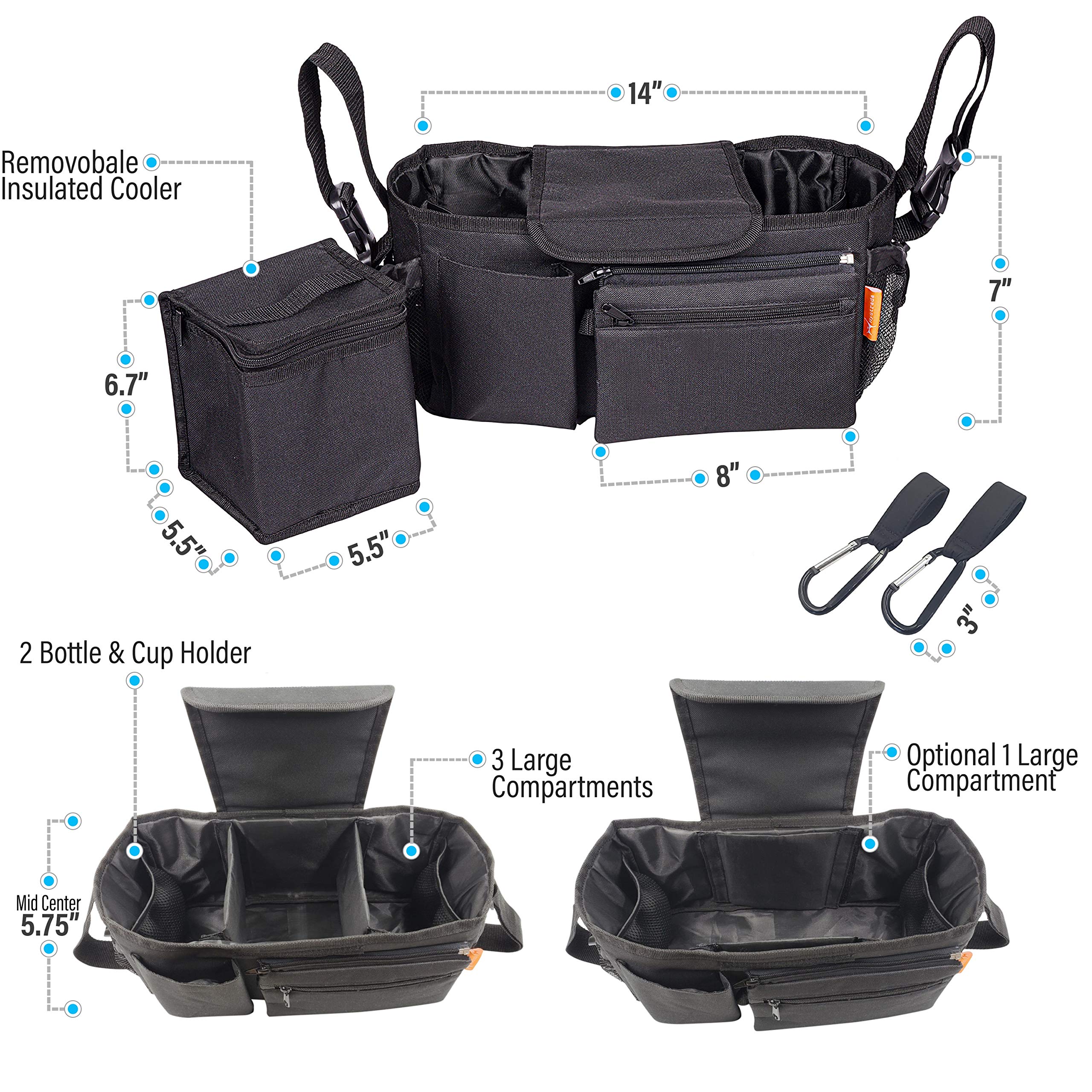 Universal Baby Stroller Organizer –Black Universal Stroller Caddy with Detachable Wristlet, Insulated Cool Bag Insert and Multi-Pocket Storage – Adjustable Shoulder Strap and 2 Bonus Stroller Hooks