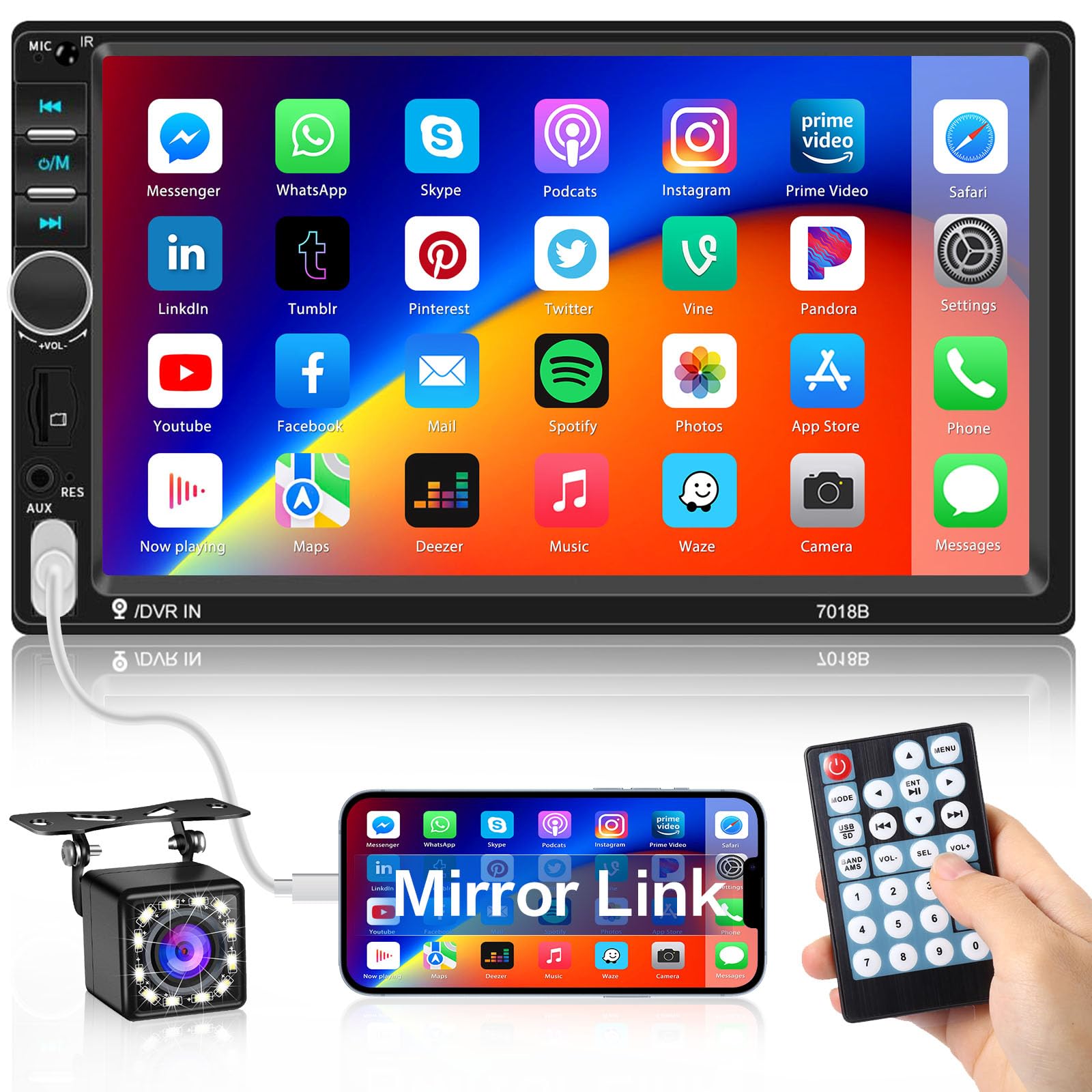 Roinvou 7'' Car Stereo Double Din Radio Touchscreen with Backup Camera Multimedia Car Audio Receivers Support Mirror Link, Bluetooth, FM Radio, TF/AUX/USB Input, Remote Control