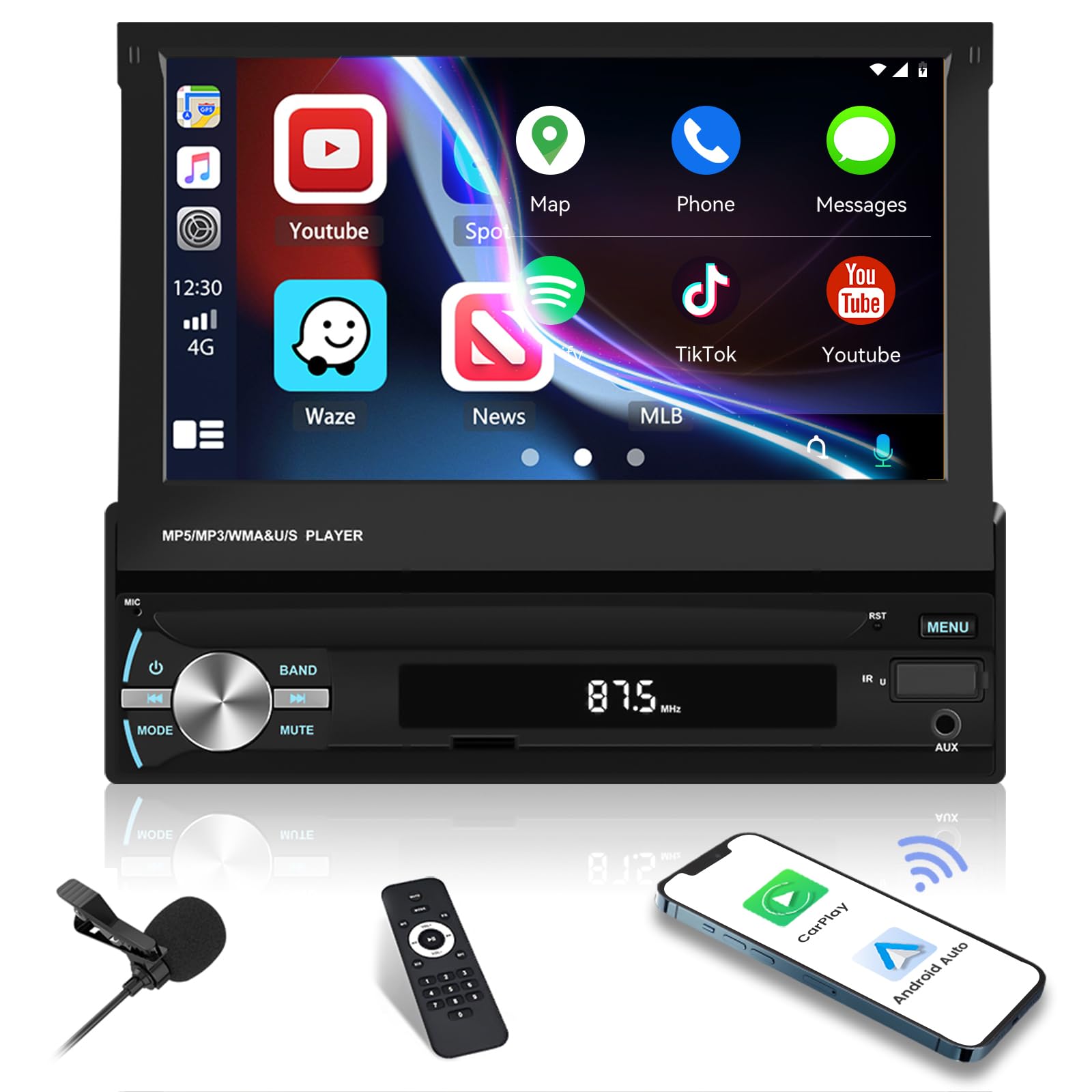 Roinvou Single DIN Car Stereo with Wireless Carplay Android Auto, 7'' Retractable Touch Screen Bluetooth Car Radio Support Mirror Link, Remote Control, FM/AUX-in/SWC/MIC, Multi-Color Button Lights