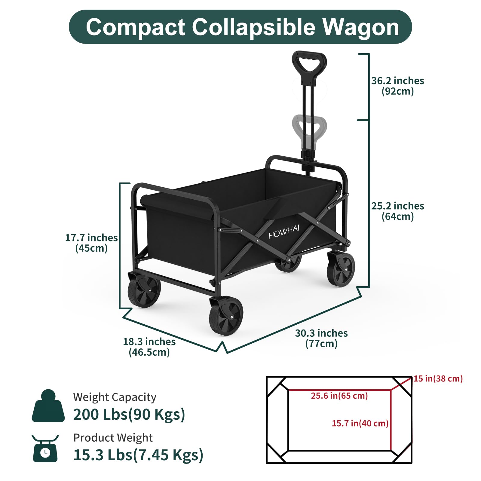 Wagons Carts Foldable, Collapsible Wagon, Wagon Cart with Wheels, Utility Wagon Cart with Wheels Foldable, Heavy Duty 100L Large with Drink Holders for Garden, Camping, Beach, Shopping(Black)