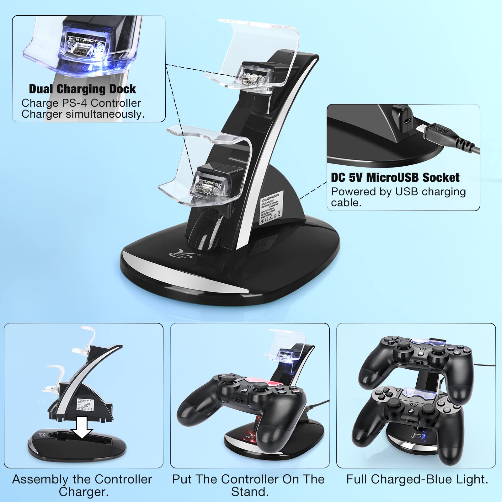 PS4 Controller Charger, Y Team Dual USB PS4 Charging Dock Station with Protection Chip LED Indicator, 2 Hrs Fast Safe Charging PS4 Charger for Playstation 4/PS4 Pro/PS4 Slim