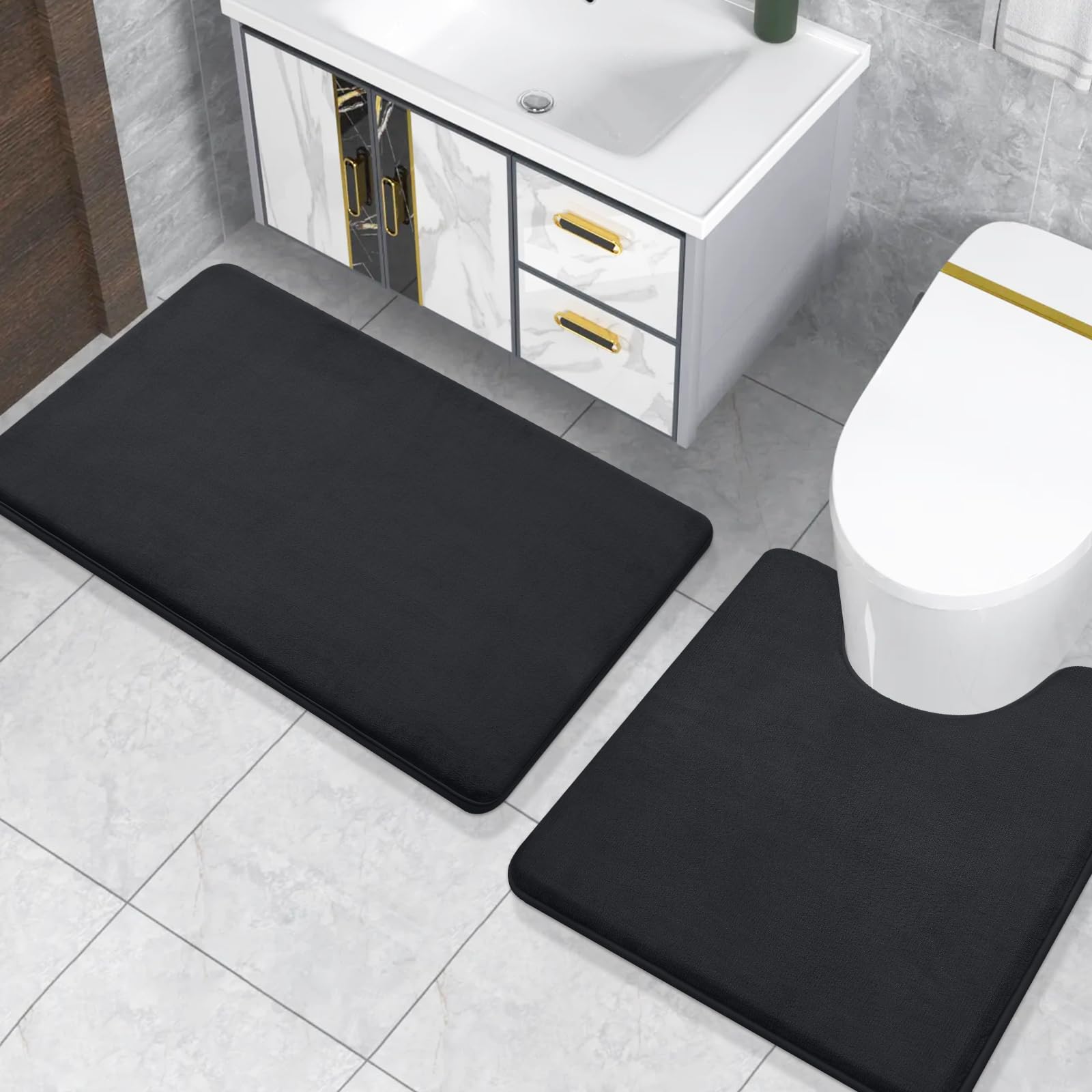 smiry Memory Foam U-Shaped Toilet Bathroom Rugs, Extra Soft Absorbent Non-Slip Contoured Rugs, Machine Washable Contour Bath Mats for Bathroom Toilet, 24" x 20", Black
