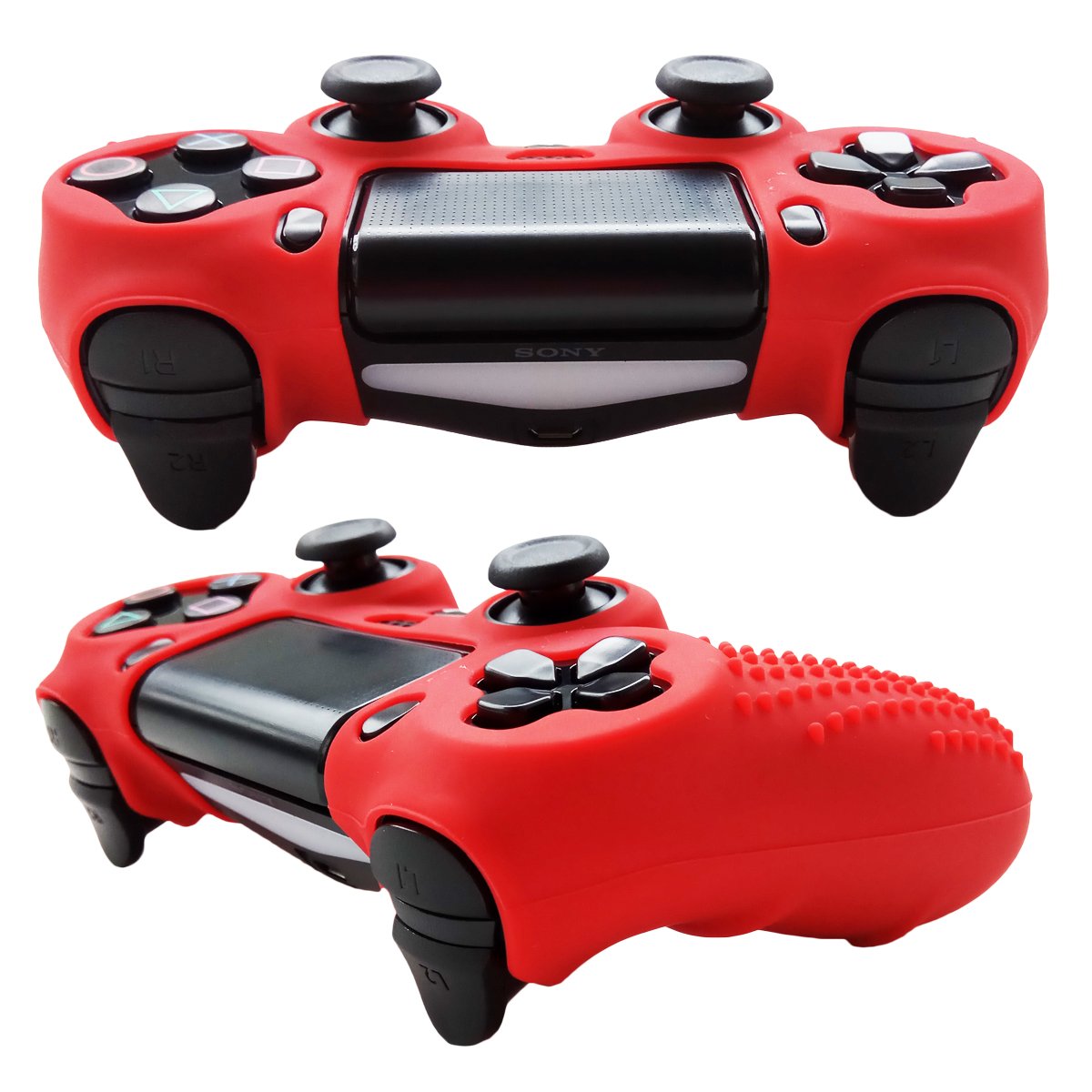 PS4 Controller Grips,Pandaren Studded Anti-Slip Silicone Cover Skin Set Compatible for PS4 /Slim/PRO Controller(Red Controller Skin x 1 + FPS PRO Thumb Grips x 8)