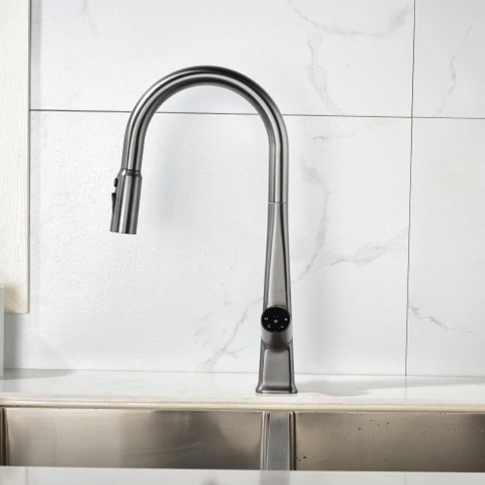 Touchless Kitchen Faucet with Put Down Sprayer, Touch Screen Kitchen Faucet with Temperature Display, Smart Sensor Kitchen Faucet, Brass Kitchen Sink Faucet, Kitchen Mixer Tap-Gray