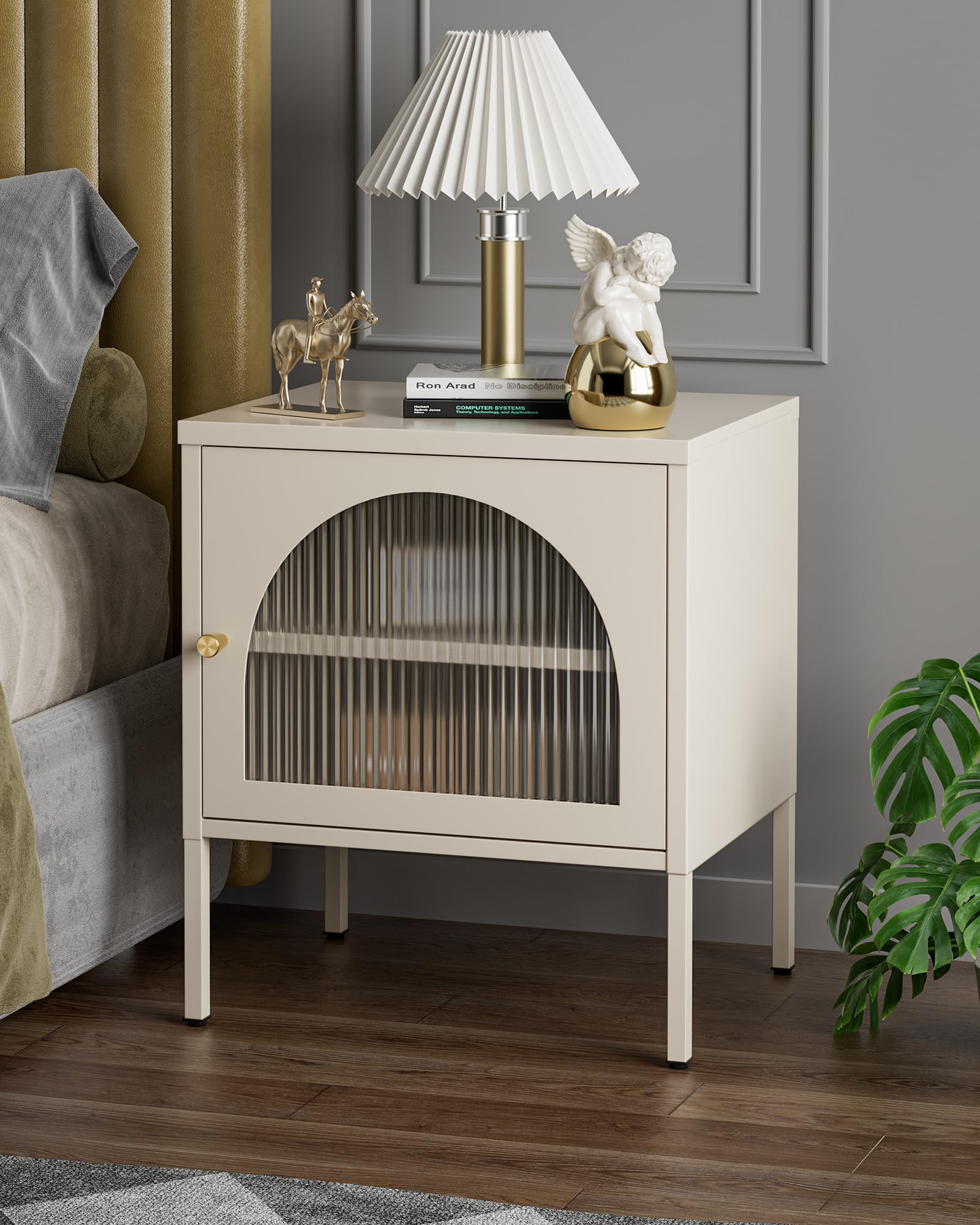 SICOTAS White Night Stand Bedside Table - Modern Nightstand with Cold-Rolled Steel Metal, Corrugated Tempered Glass Door, Storage Shelf, End Tables Side Tables with Storage Shelf for Bedroom