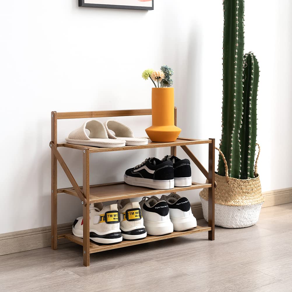 Small 3-Tier Shoe Rack for Closet & Entryway, Installation-Free Foldable Bamboo Shoes Storage Organizer, Sturdy Free Standing Three Shelf Shoe Stand for 6-9 Pairs, Brown 20x18x9 Inches